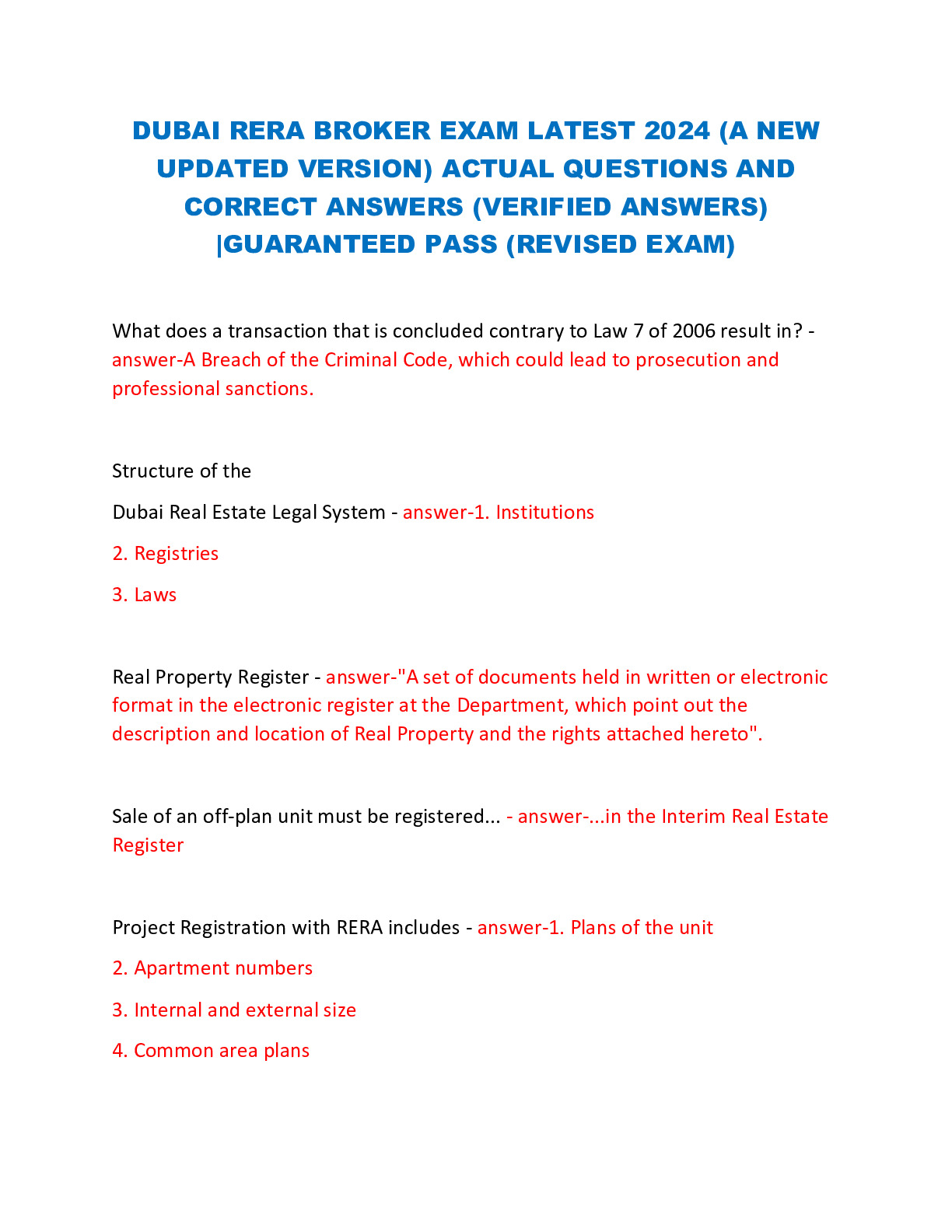 DUBAI RERA BROKER EXAM LATEST 2024 (A NEW UPDATED VERSION) ACTUAL ...