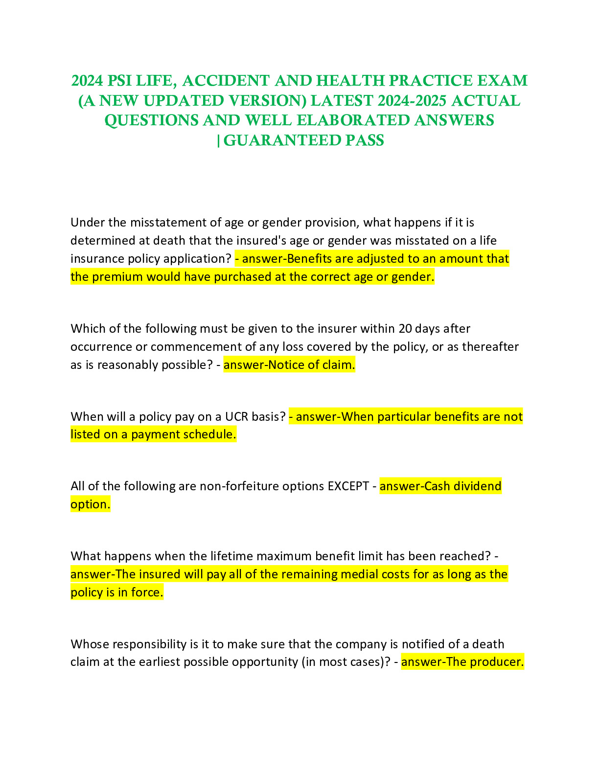 2024 PSI LIFE, ACCIDENT AND HEALTH PRACTICE EXAM (A NEW UPDATED VERSION ...