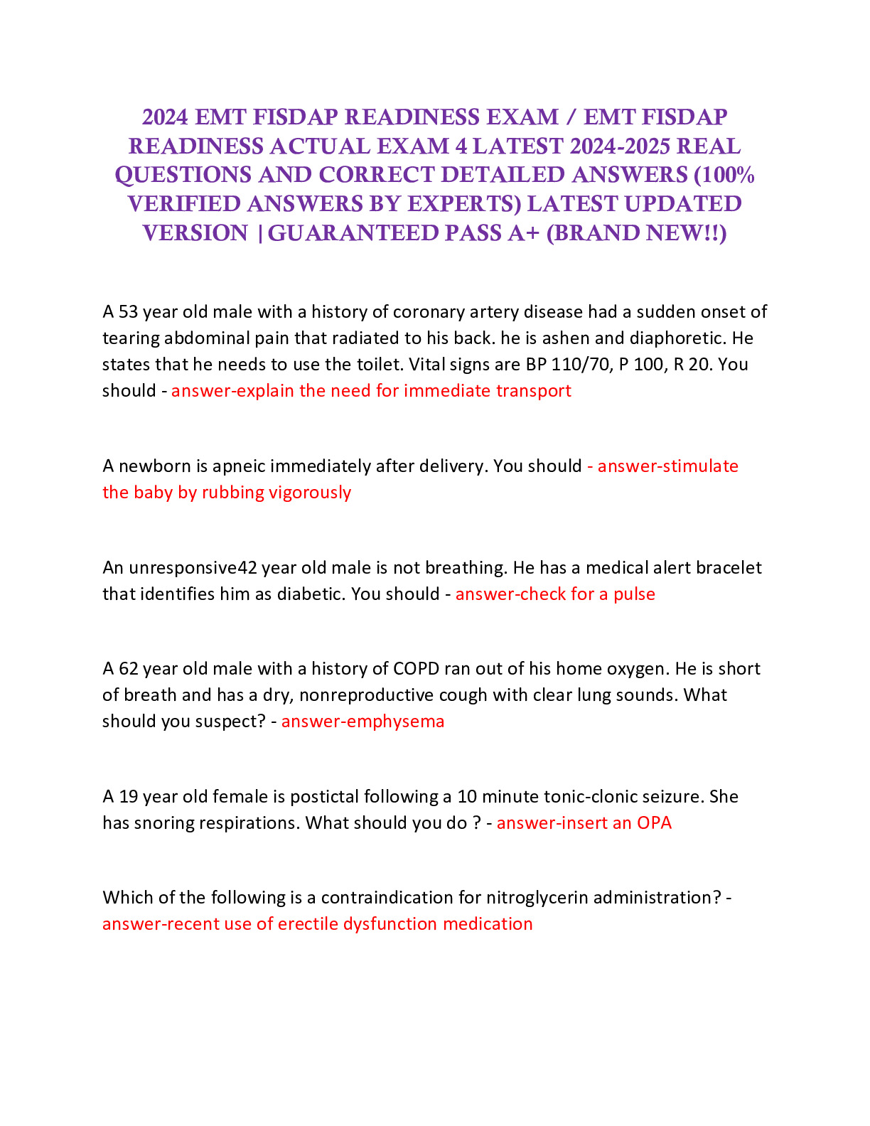 2024 EMT FISDAP READINESS EXAM / EMT FISDAP READINESS ACTUAL EXAM 4 ...