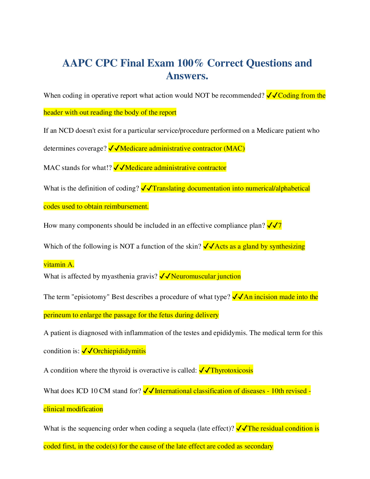 AAPC CPC Final Exam 100% Correct Questions and Answers. - DocMerit