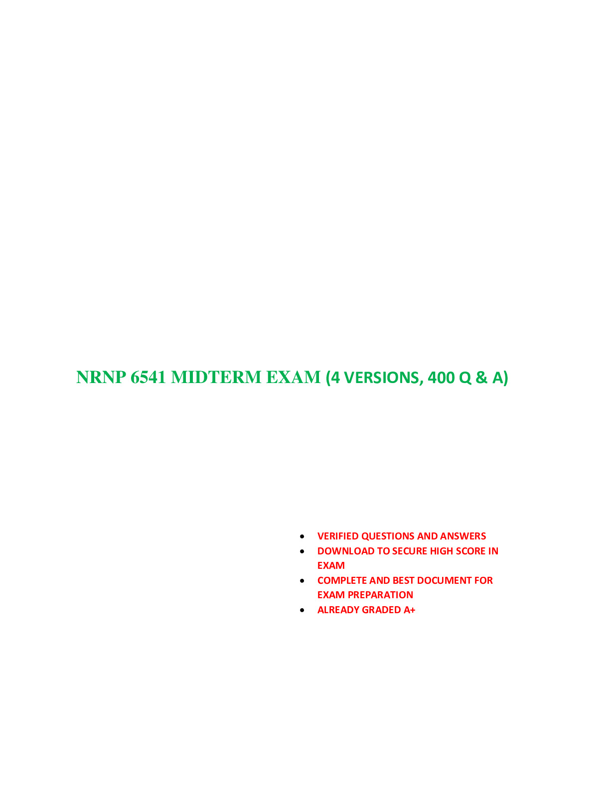 NRNP 6541 MIDTERM EXAM (4 VERSIONS, 400 Q & A, LATEST-2024) & NRNP 6541 ...