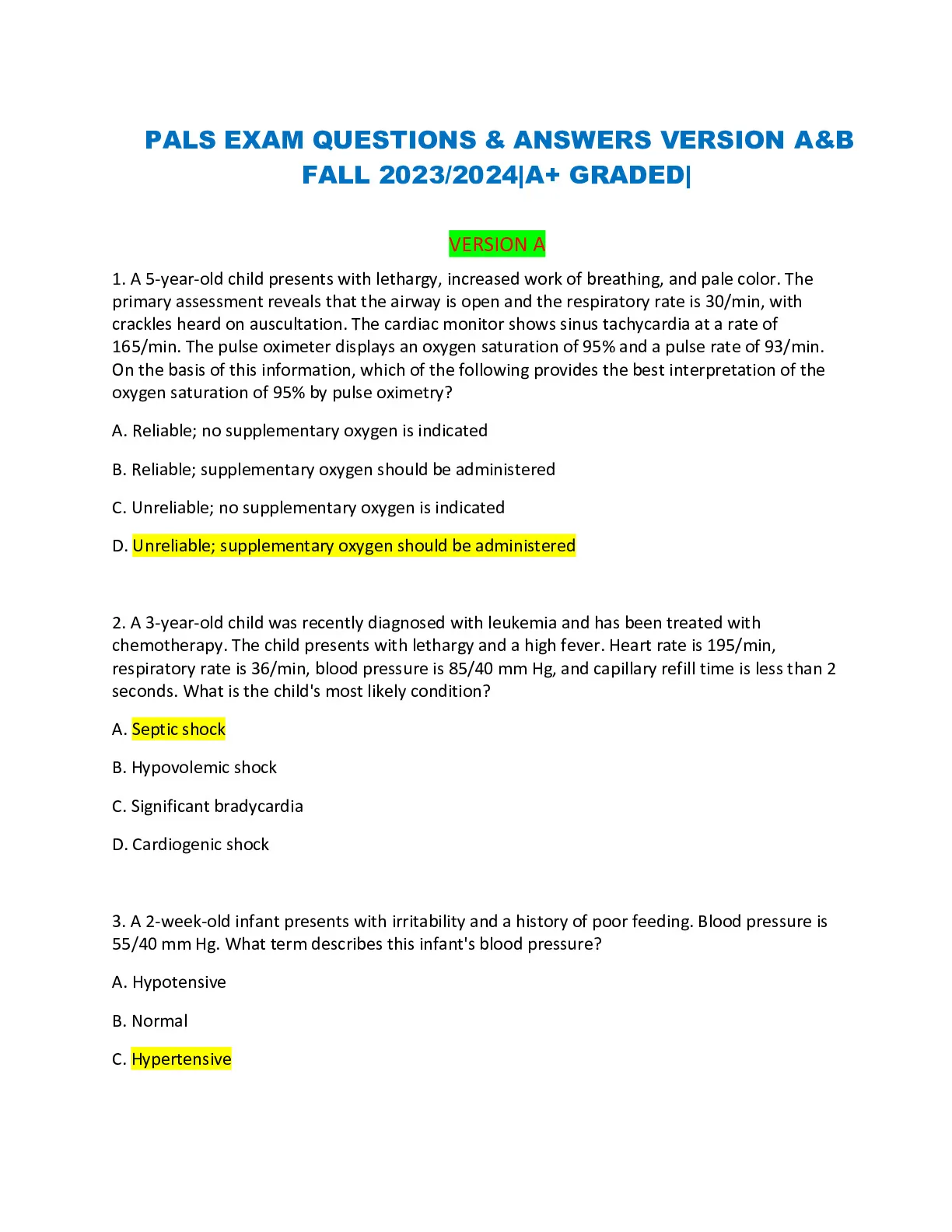 Pediatric Advanced Life Support(PALS)EXAM QUESTIONS and ANSWERS VERSION ...
