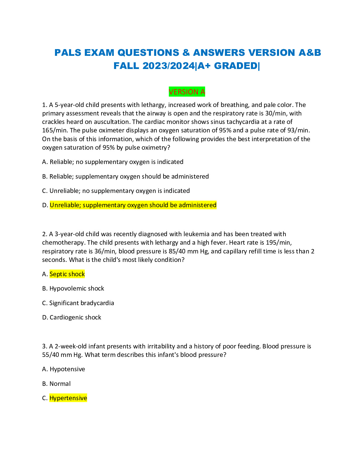 BUNDLE::: PALS final exam/PALS post-test exam/Pediatric Advanced Life ...