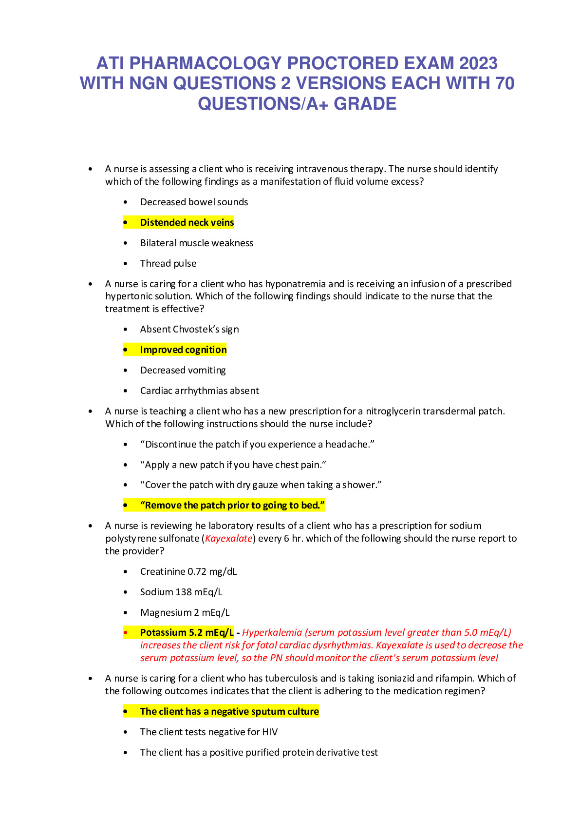 ATI PHARMACOLOGY PROCTORED EXAM 2023 WITH NGN QUESTIONS 2 VERSIONS EACH ...