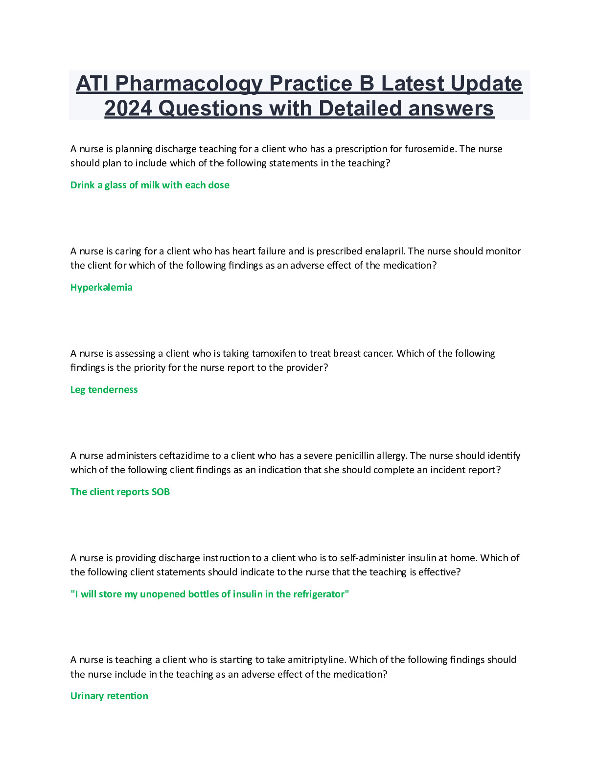 ATI Pharmacology Practice B Latest Update 2024 Questions with Detailed ... ATI Pharmacology Practice B Latest Update 2024 Questions with Detailed ...