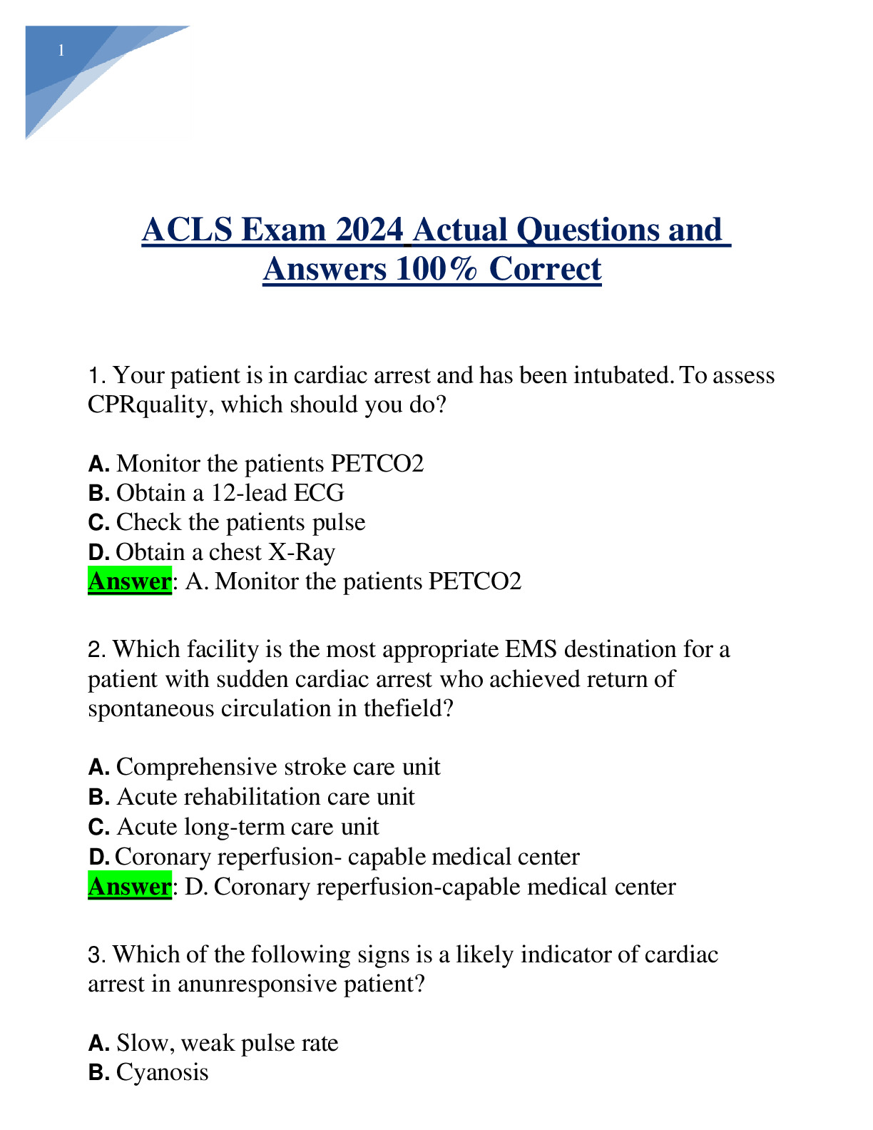 ACLS Exam 2024 Actual Questions and Answers 100% Correct - DocMerit