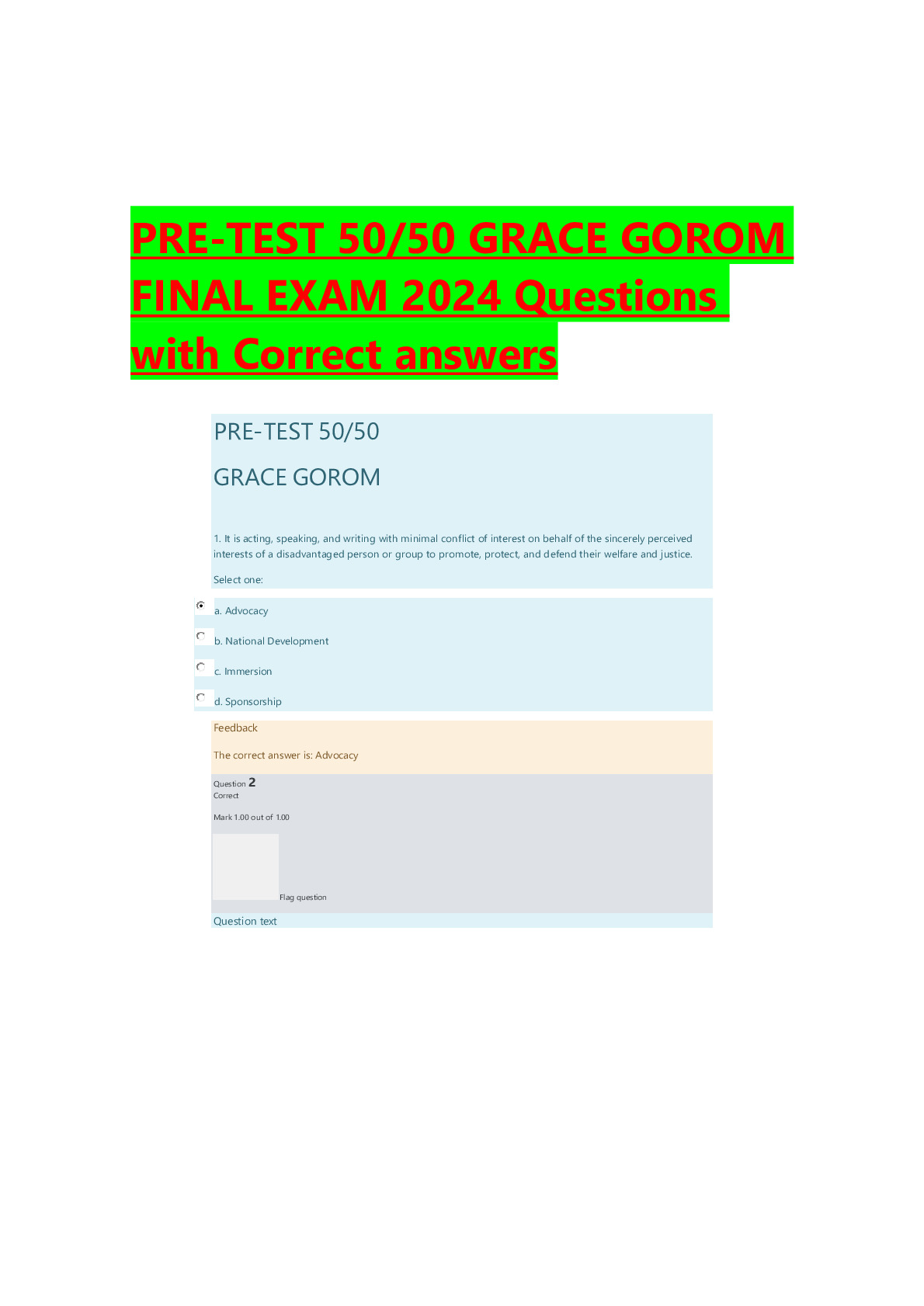 PRE-TEST 50/50 GRACE GOROM FINAL EXAM 2024 Questions with Correct ...