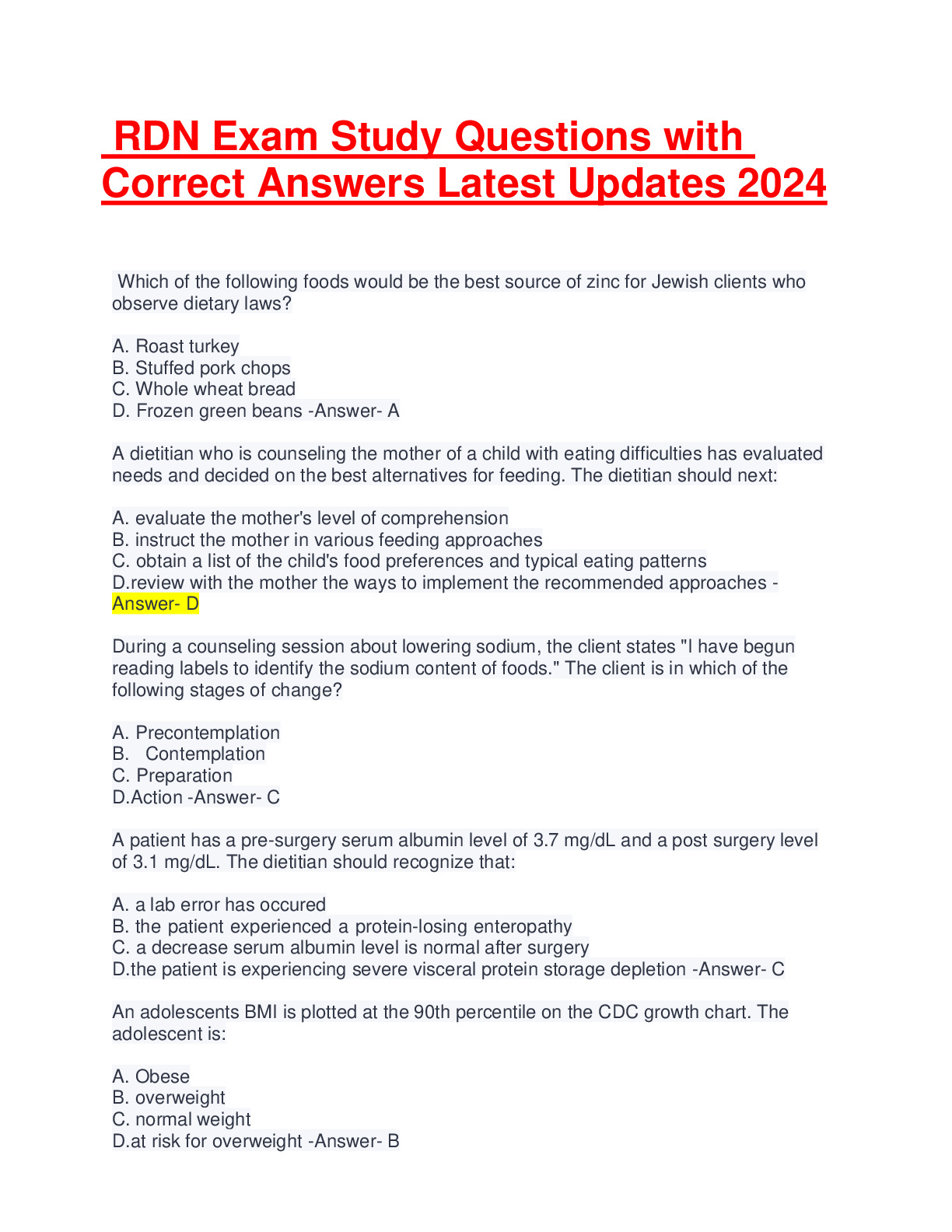 RDN Exam Study Questions with Correct Answers 2024 - DocMerit