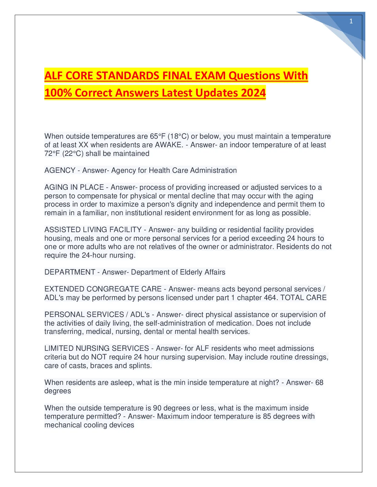 ALF CORE STANDARDS FINAL EXAM Questions With 100- Correct Answers ...
