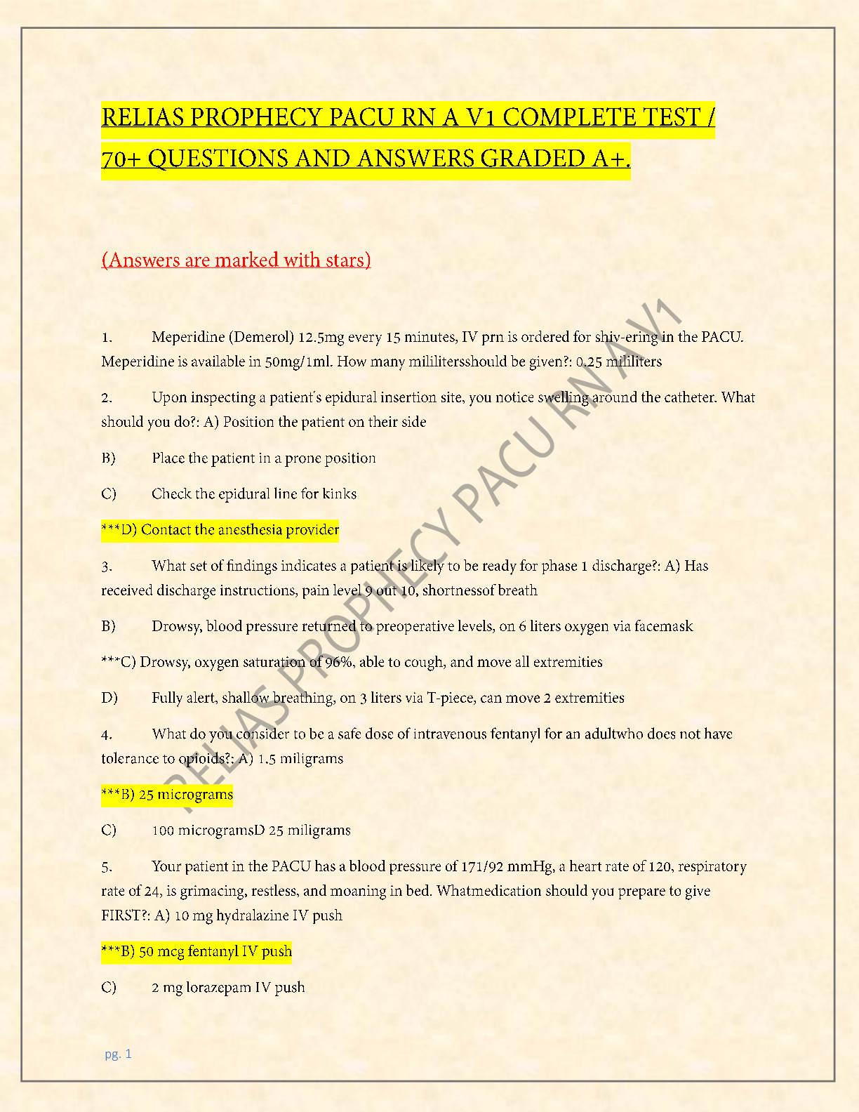 RELIAS PROPHECY PACU RN A V1 COMPLETE TEST / 70+ QUESTIONS AND ANSWERS ...