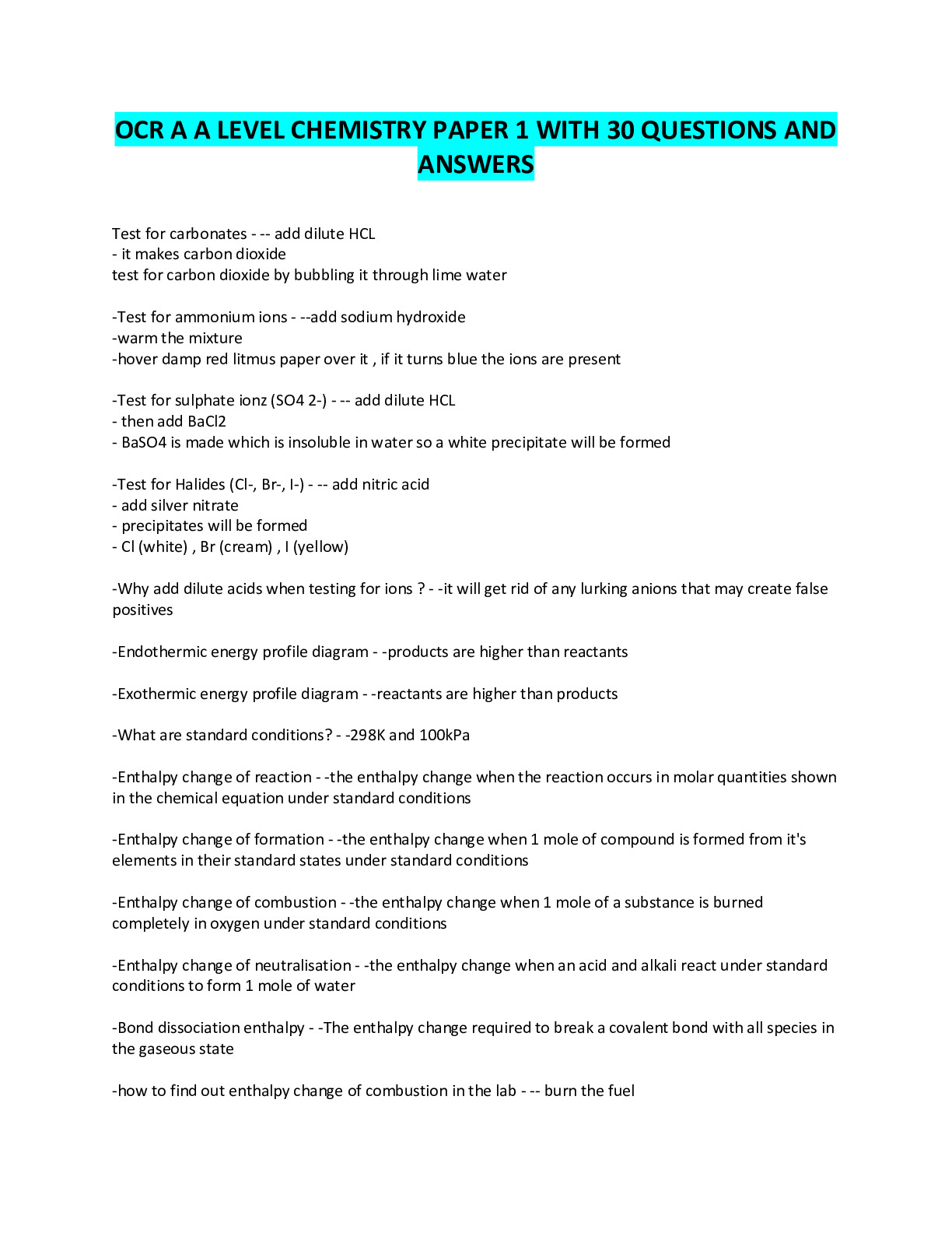 OCR A A LEVEL CHEMISTRY PAPER 1 WITH 30 QUESTIONS AND ANSWERS - DocMerit