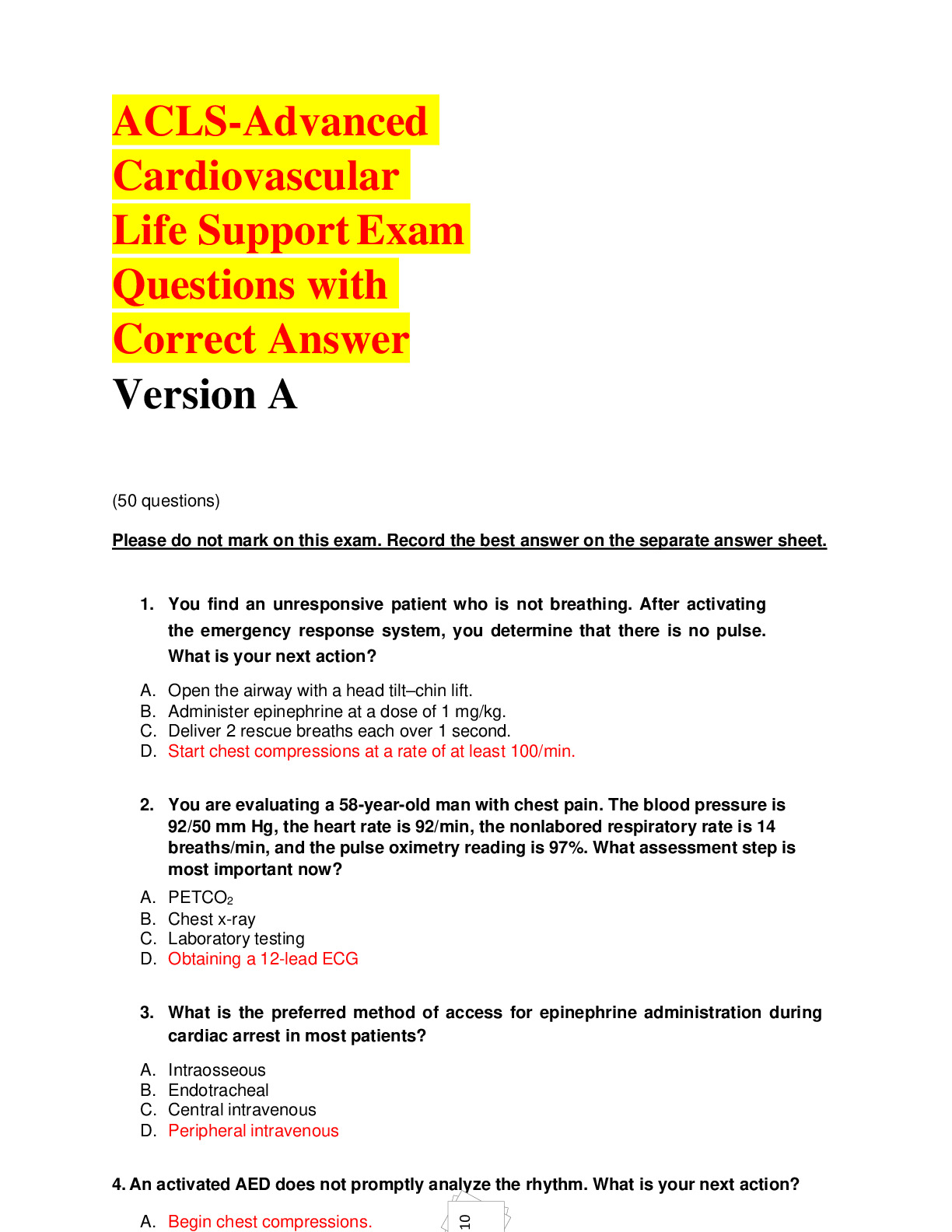ACLS-Advanced Cardiovascular Life Support Exam Questions with Correct ...