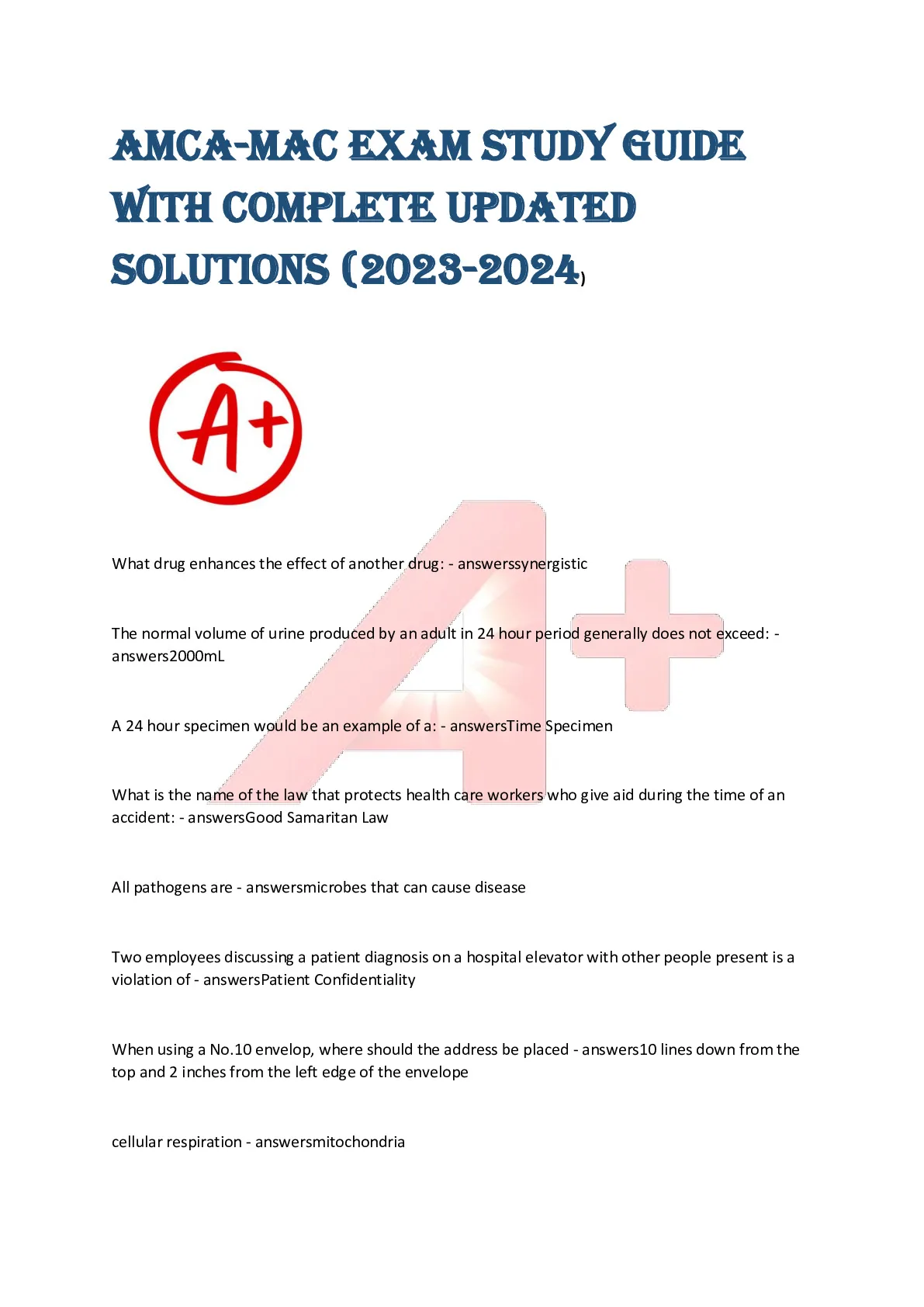 AMCA practice exams (2023- 2024) with complete updated solutions - DocMerit
