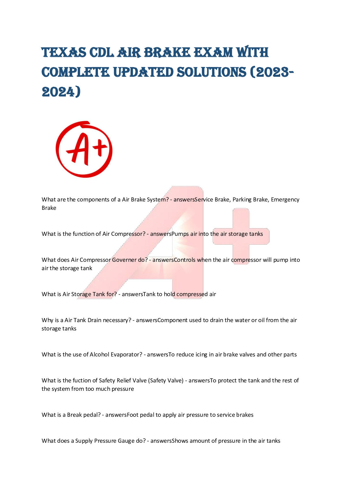 Texas CDL Air Brake Exam With Complete Updated Solutions (2023- 2024 ...