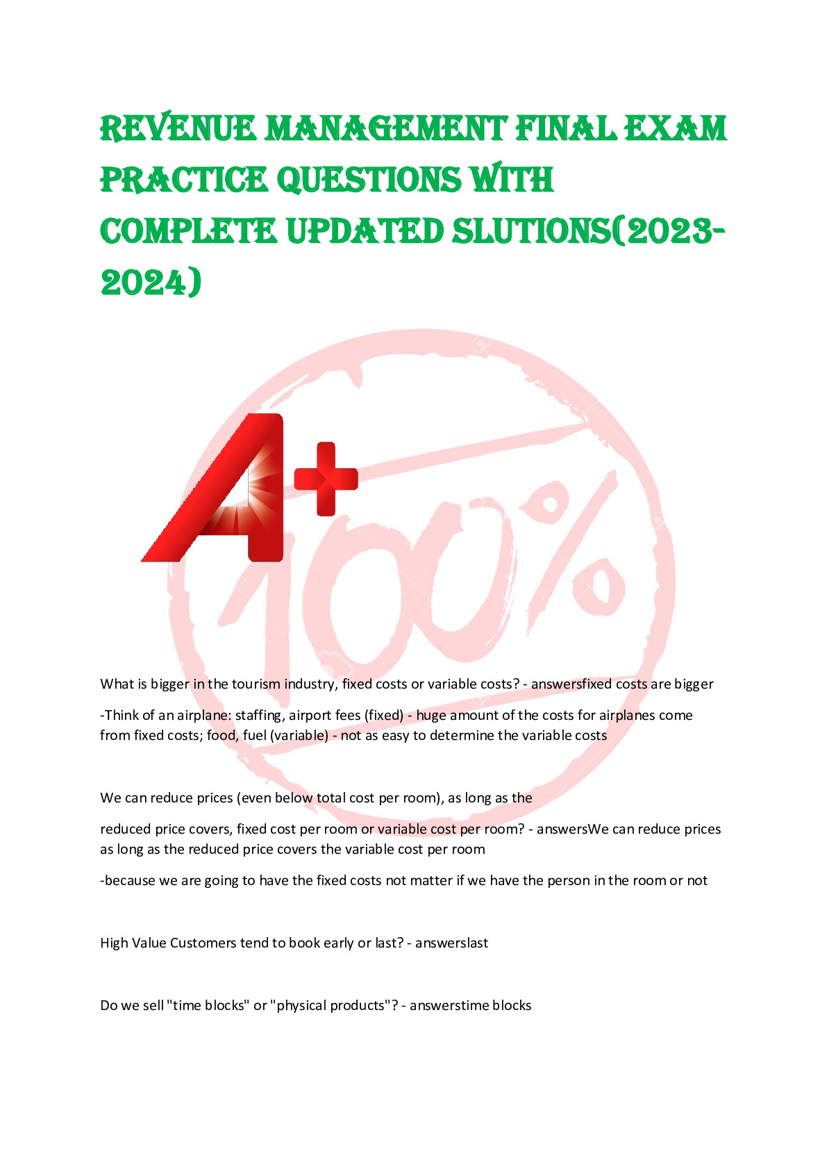 REVENUE MANAGEMENT FINAL TEST EXAM WITH COMPLETE UPDATED SOLUTIONS ...