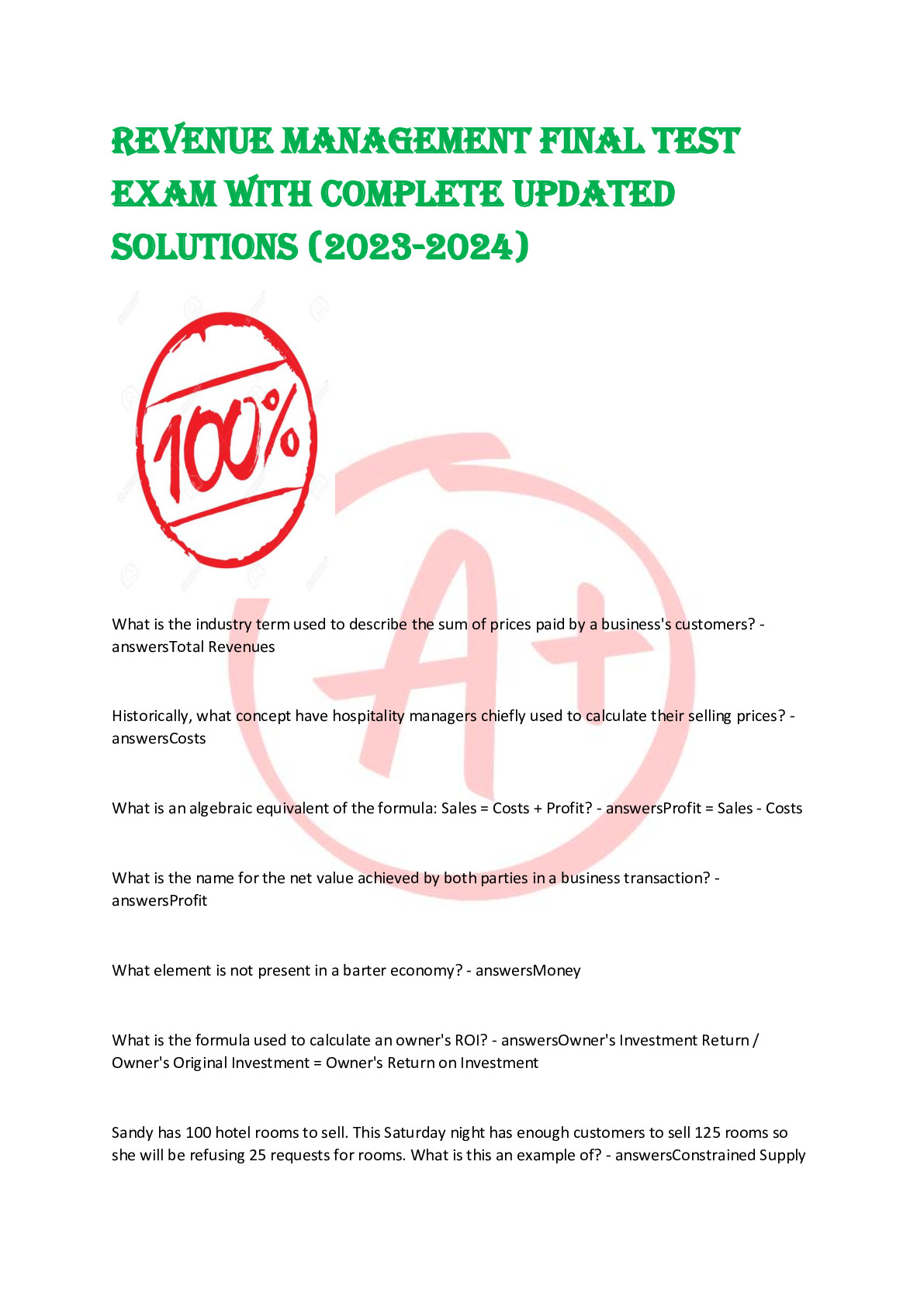 REVENUE MANAGEMENT FINAL TEST EXAM WITH COMPLETE UPDATED SOLUTIONS ...