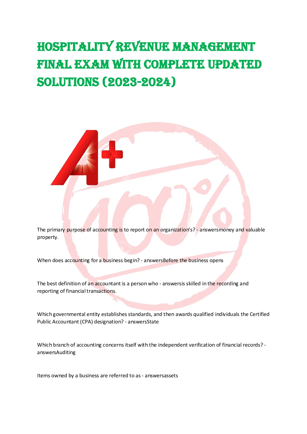 Hospitality Revenue Management FINAL EXAM with complete updated ...