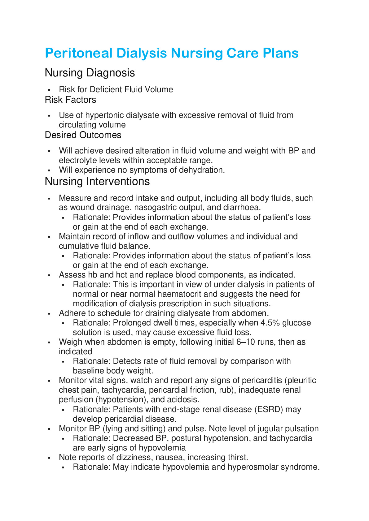 Peritoneal Dialysis Nursing Care Plans - DocMerit