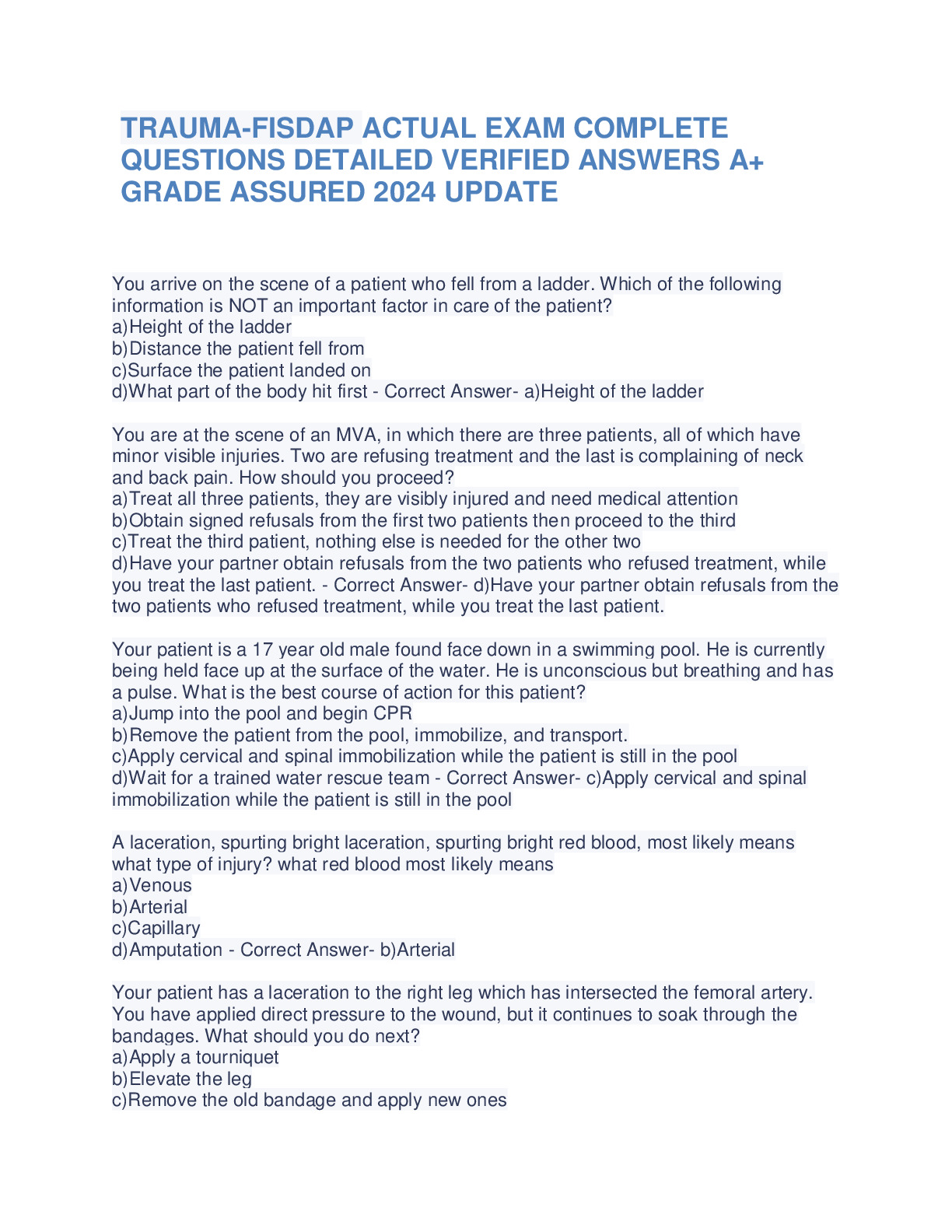 TRAUMA-FISDAP ACTUAL EXAM COMPLETE QUESTIONS DETAILED VERIFIED ANSWERS A+ GRADE ASSURED 2024 ...