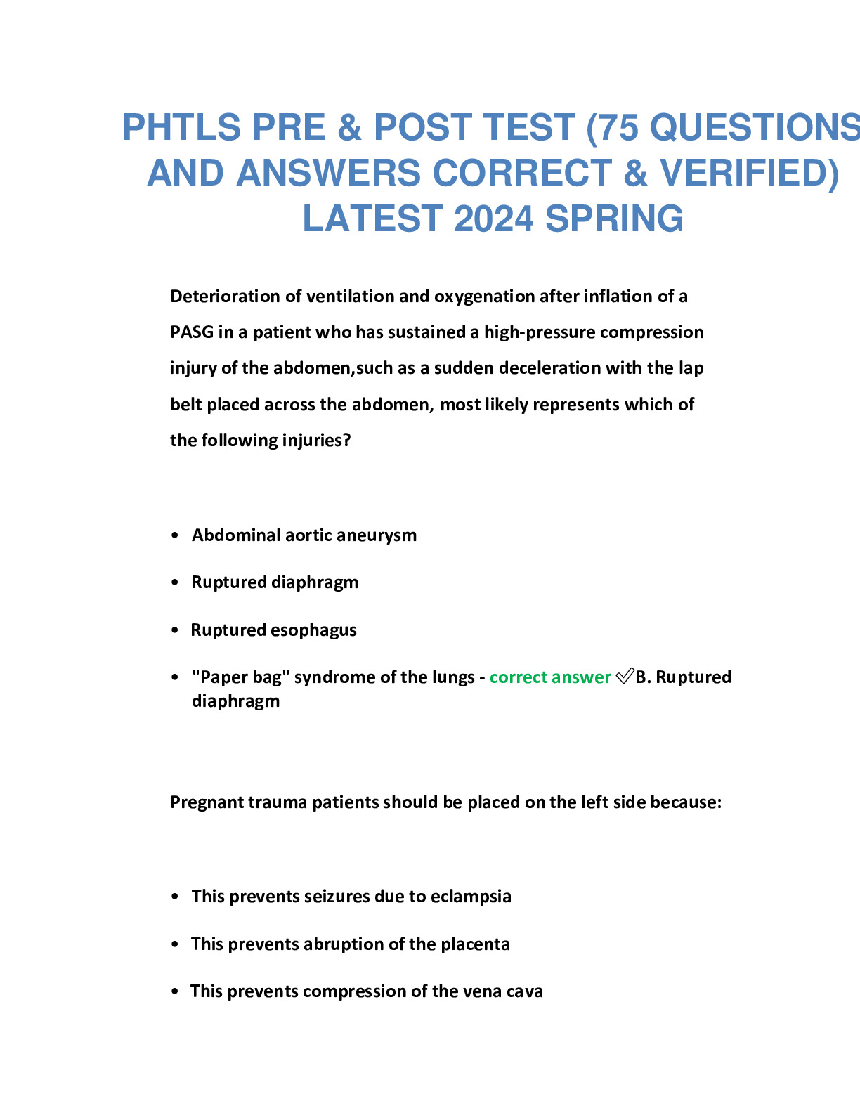 PHTLS PRE & POST TEST (75 QUESTIONS AND ANSWERS CORRECT & VERIFIED ...