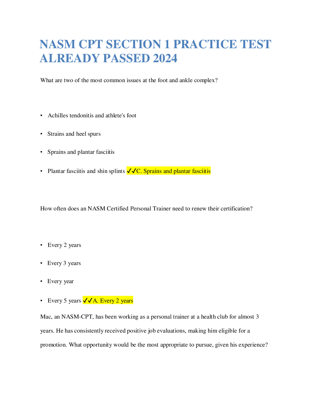 NASM CPT SECTION 1 PRACTICE TEST ALREADY PASSED 2024 - DocMerit