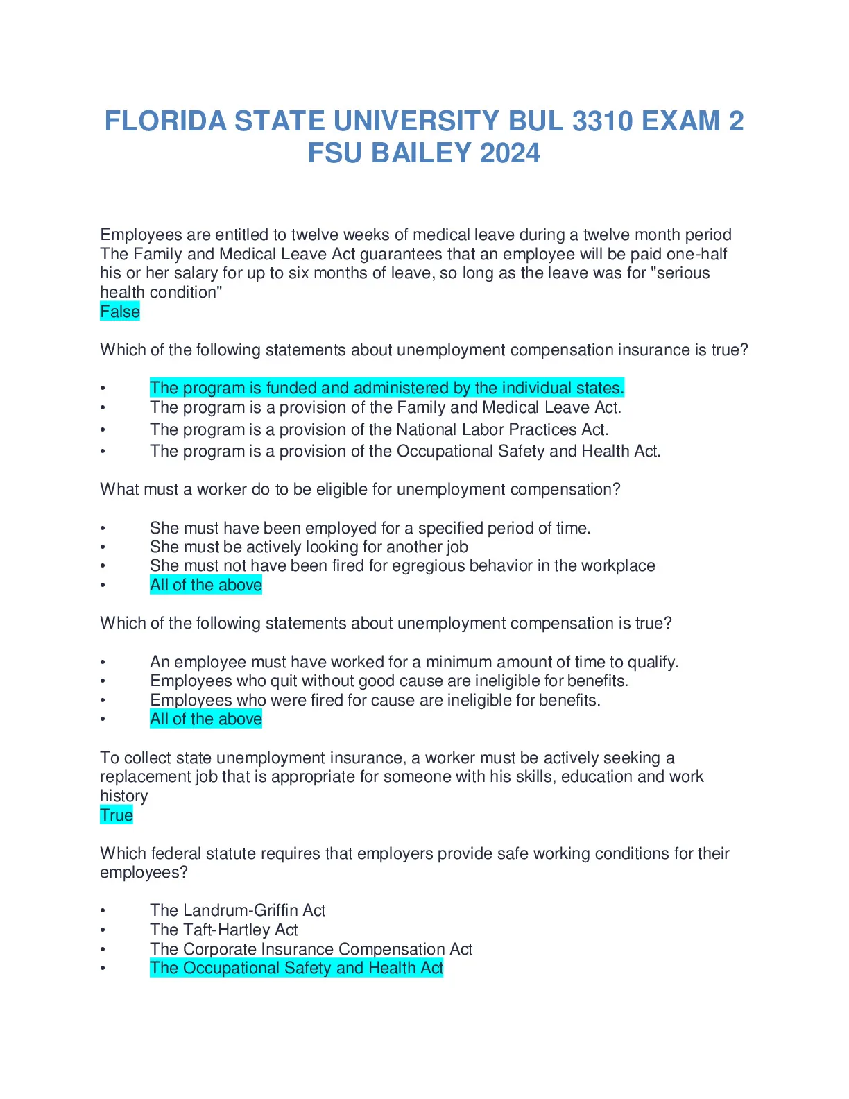 FLORIDA STATE UNIVERSITY BUL 3310 EXAM 2 FSU BAILEY 2024 - DocMerit