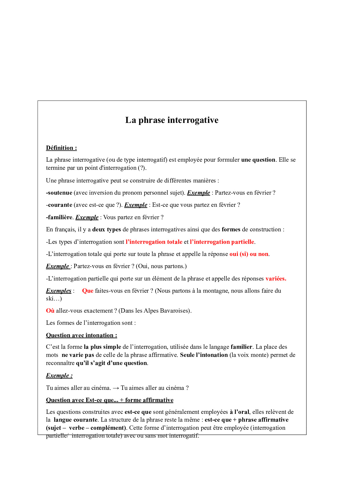 Français 1 - La phrase interrogative Contient ( Les types d ...