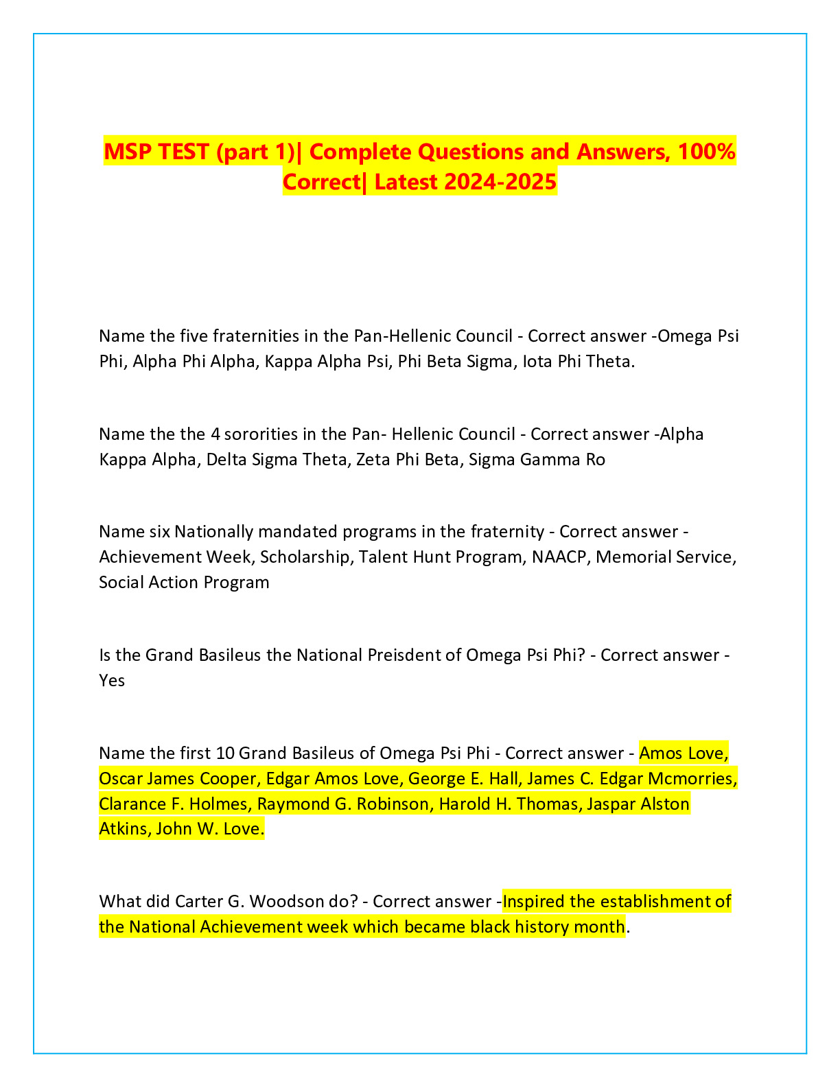 MSP TEST (part 1)| Complete Questions and Answers, 100% Correct| Latest ...