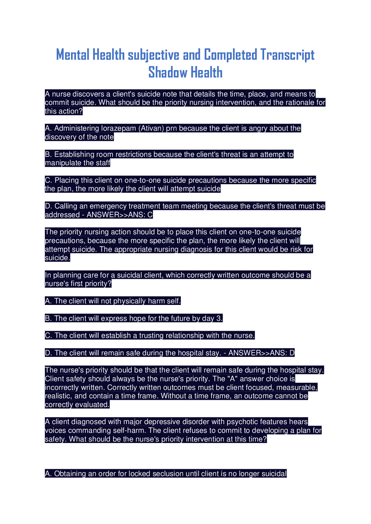 Mental Health subjective and Completed Transcript Shadow Health 2024 ...