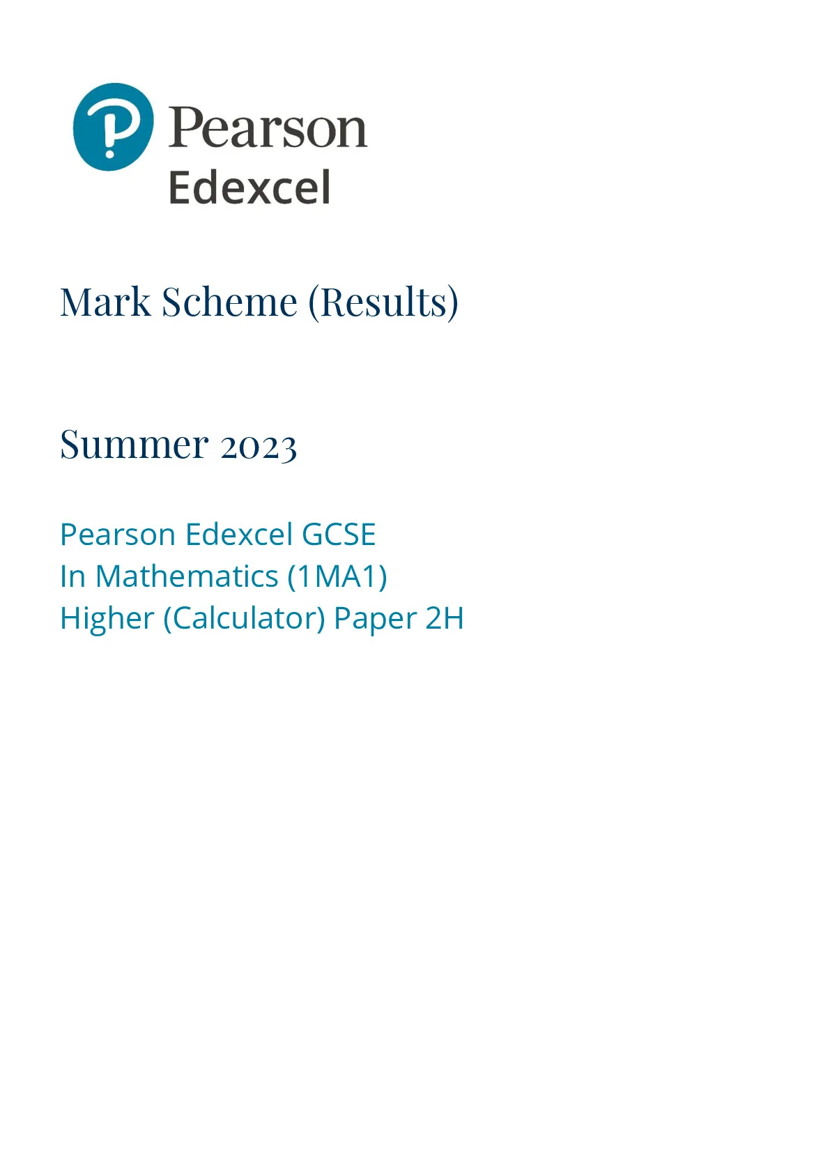 Edexcel GCSE Maths - Higher tier Paper 2 2023 (Mark Scheme) - DocMerit