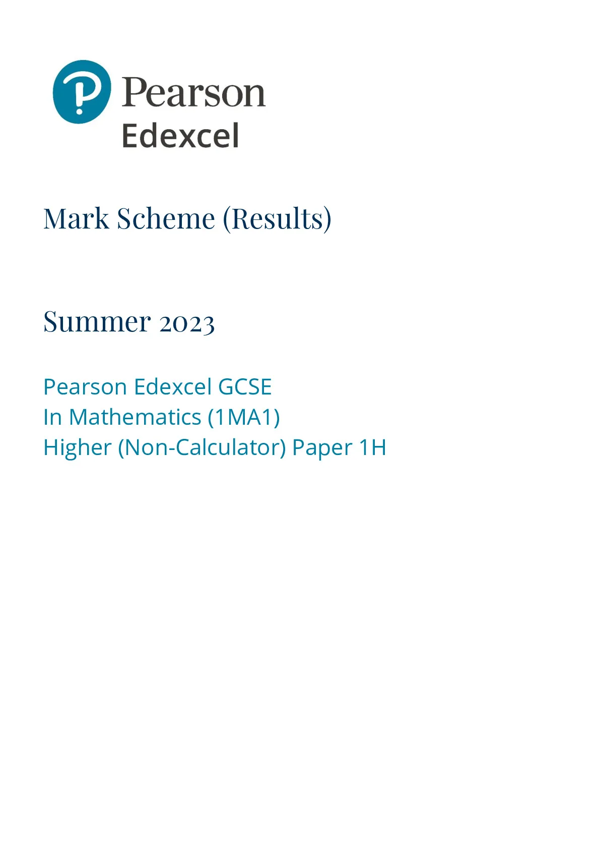 Edexcel GCSE Maths - Higher tier Paper 1 2023 (Mark Scheme) - DocMerit