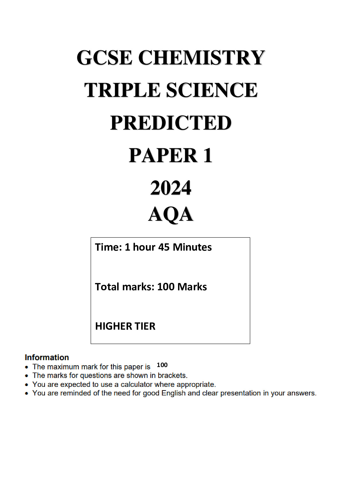 2024 Predicted AQA Chemistry Triple Science Higher Paper 1 (Question ...