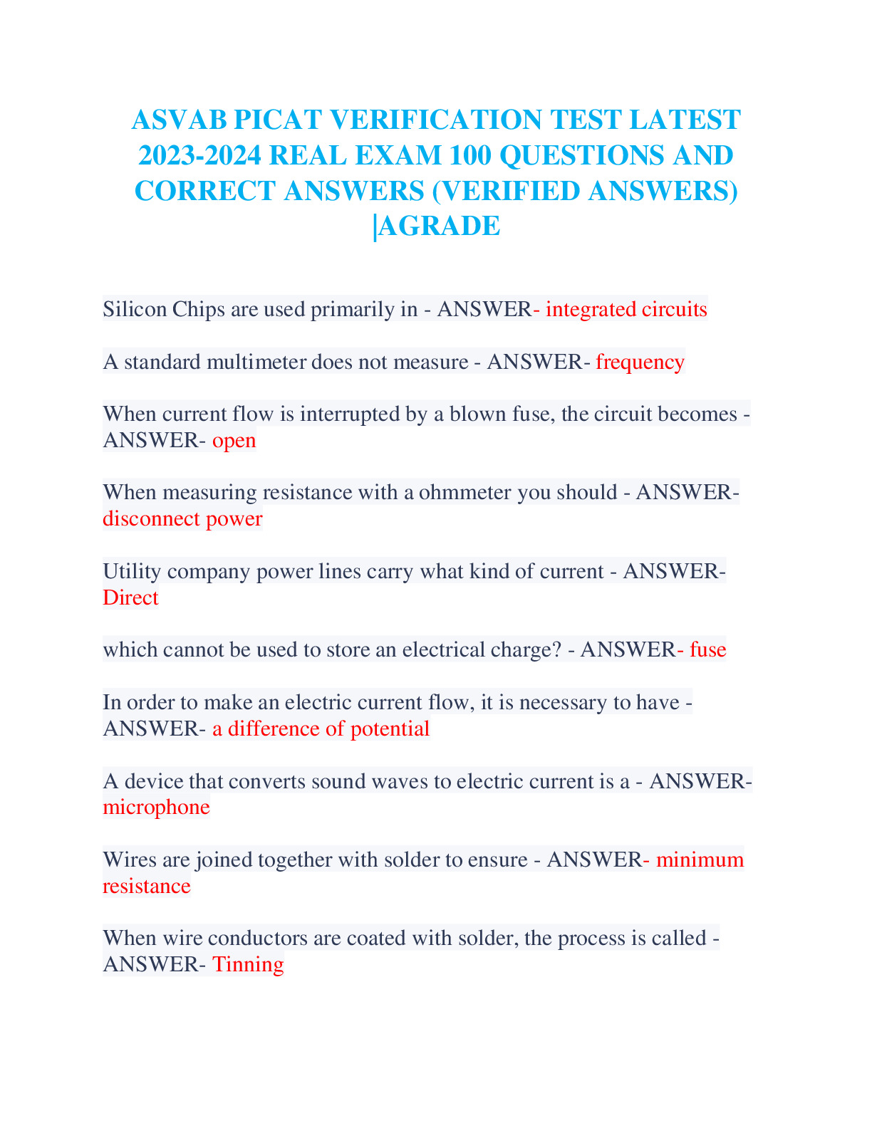 ASVAB PICAT VERIFICATION TEST LATEST 2023-2024 REAL EXAM 100 QUESTIONS ... ASVAB PICAT VERIFICATION TEST LATEST 2023-2024 REAL EXAM 100 QUESTIONS ...