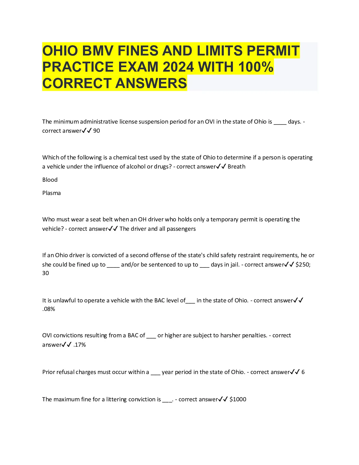 OHIO BMV FINES AND LIMITS PERMIT PRACTICE EXAM 2024 WITH 100% CORRECT ...