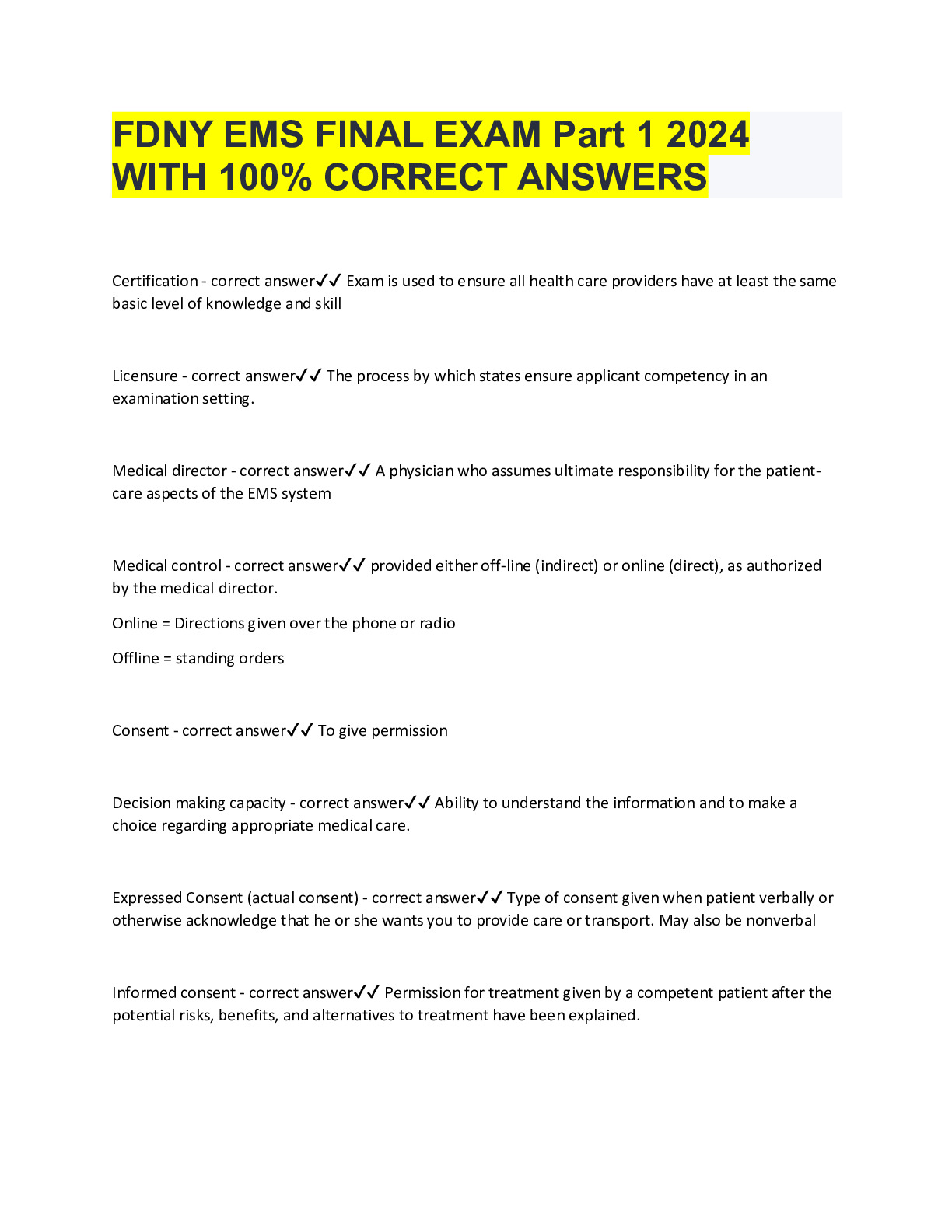 FDNY EMS FINAL EXAM Part 1 2024 WITH 100% CORRECT ANSWERS - DocMerit