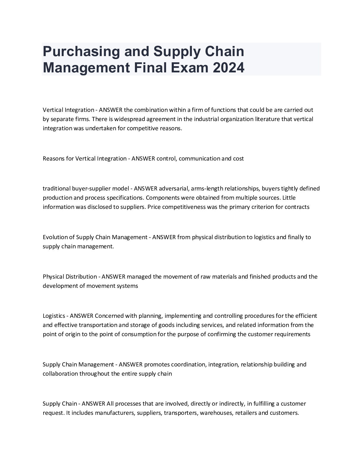 Purchasing & supply chain management final exam prediction 2024 - DocMerit