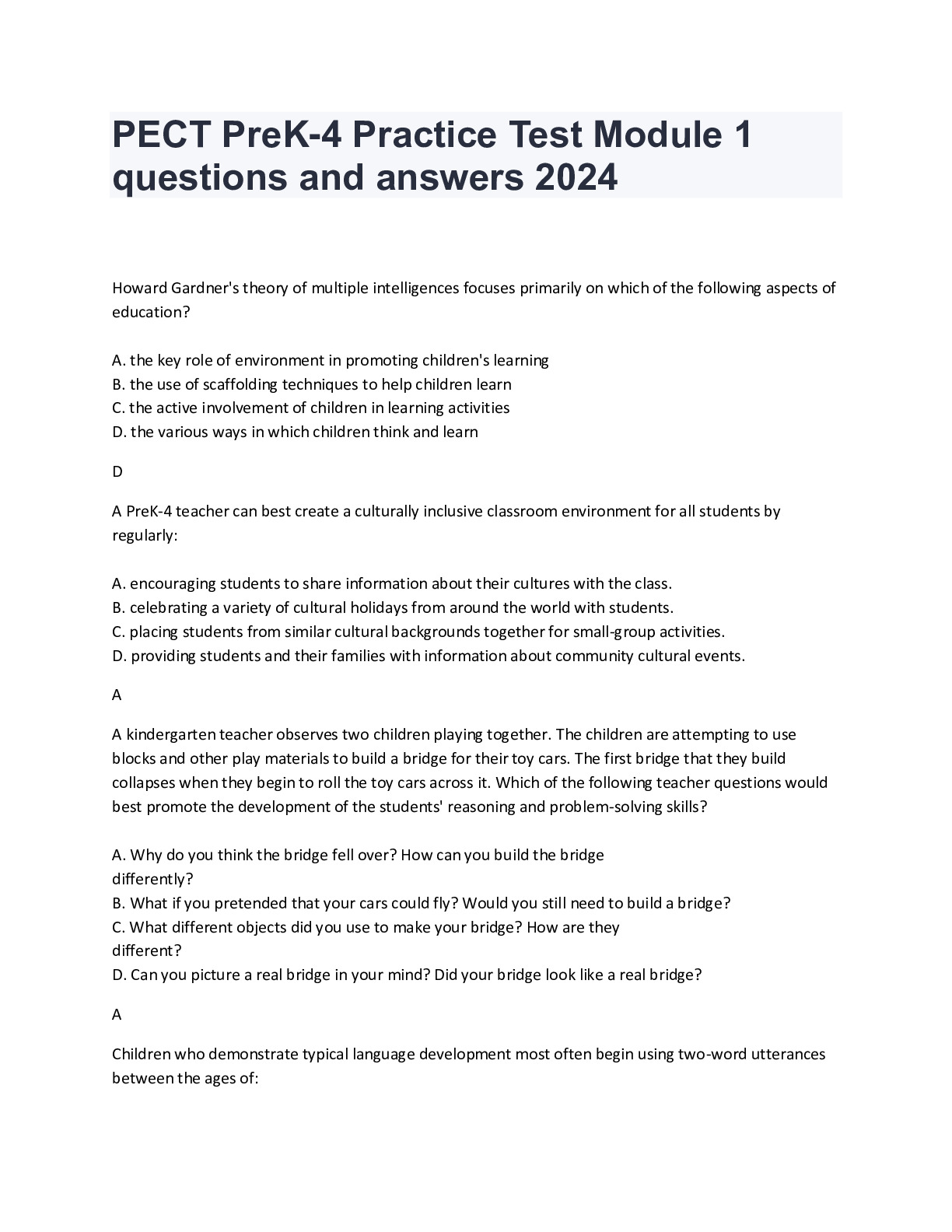 PECT PreK-4 Practice Test Module 1 questions and answers 2024 - DocMerit