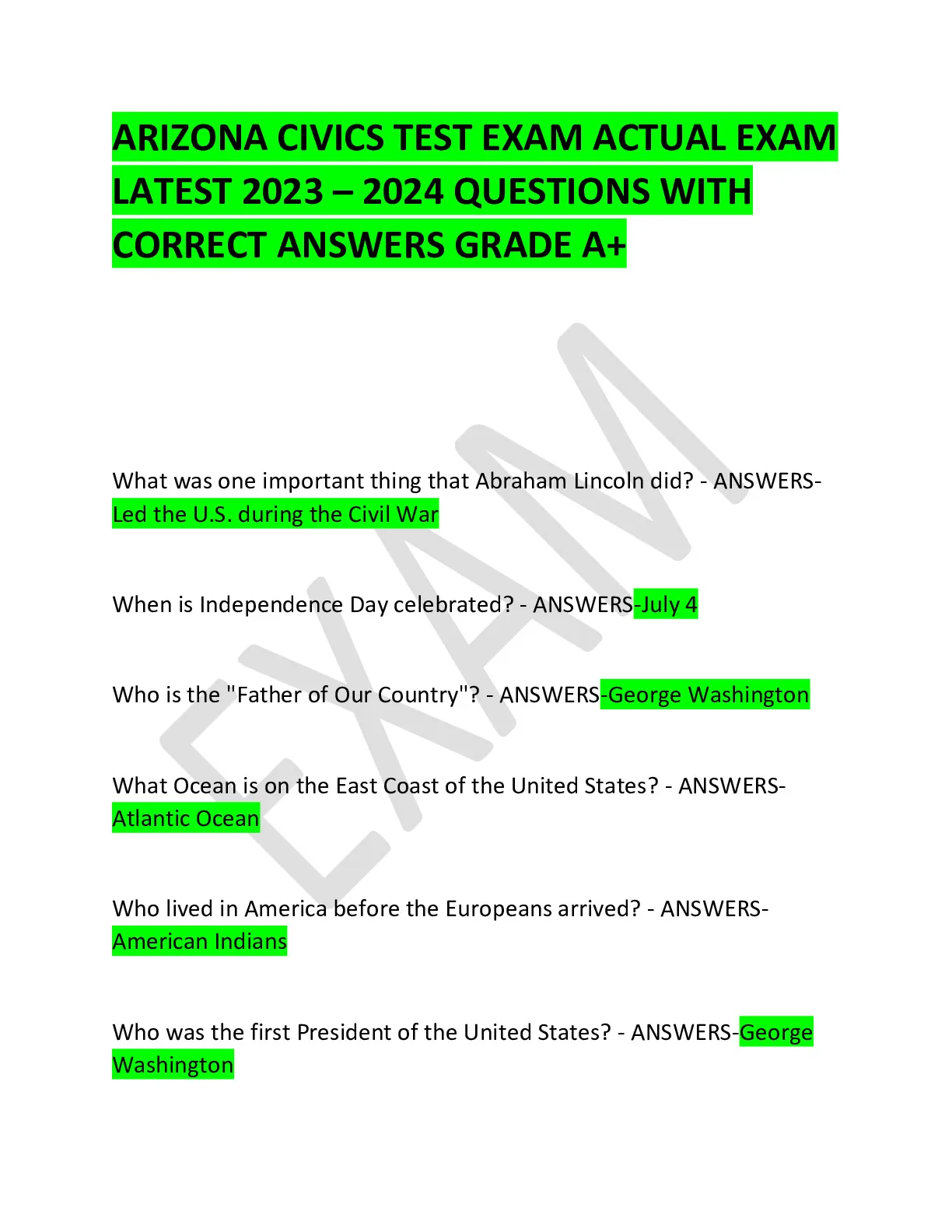 ARIZONA CIVICS TEST EXAM ACTUAL EXAM LATEST 2023 – 2024 QUESTIONS WITH ...