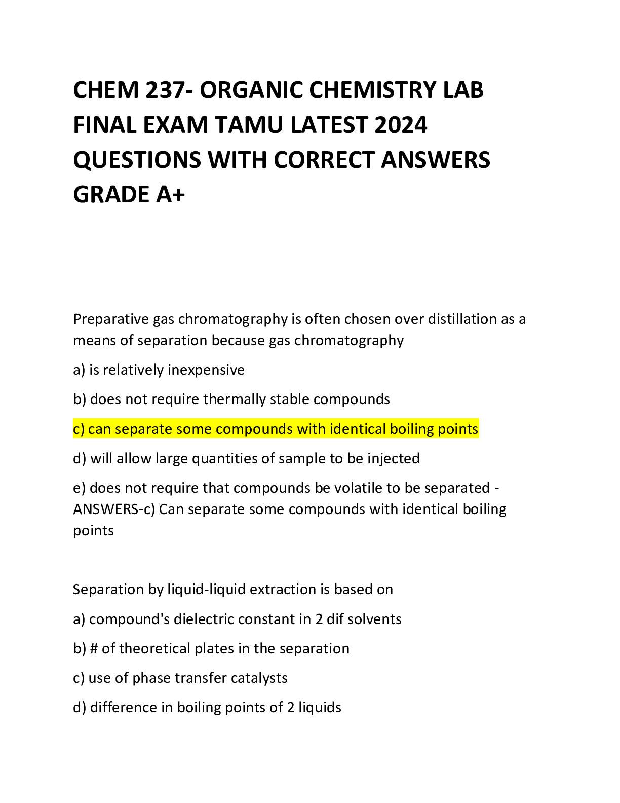 CHEM 237- ORGANIC CHEMISTRY LAB FINAL EXAM TAMU LATEST 2024 QUESTIONS ...