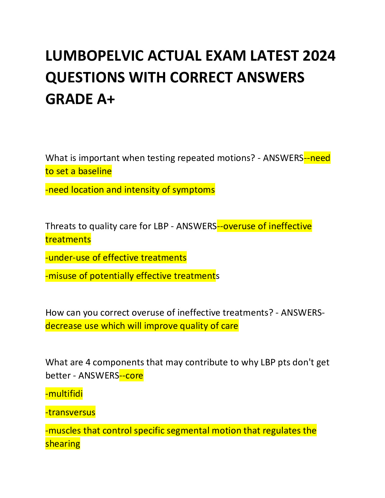 LUMBOPELVIC ACTUAL EXAM LATEST 2024 QUESTIONS WITH CORRECT ANSWERS ...