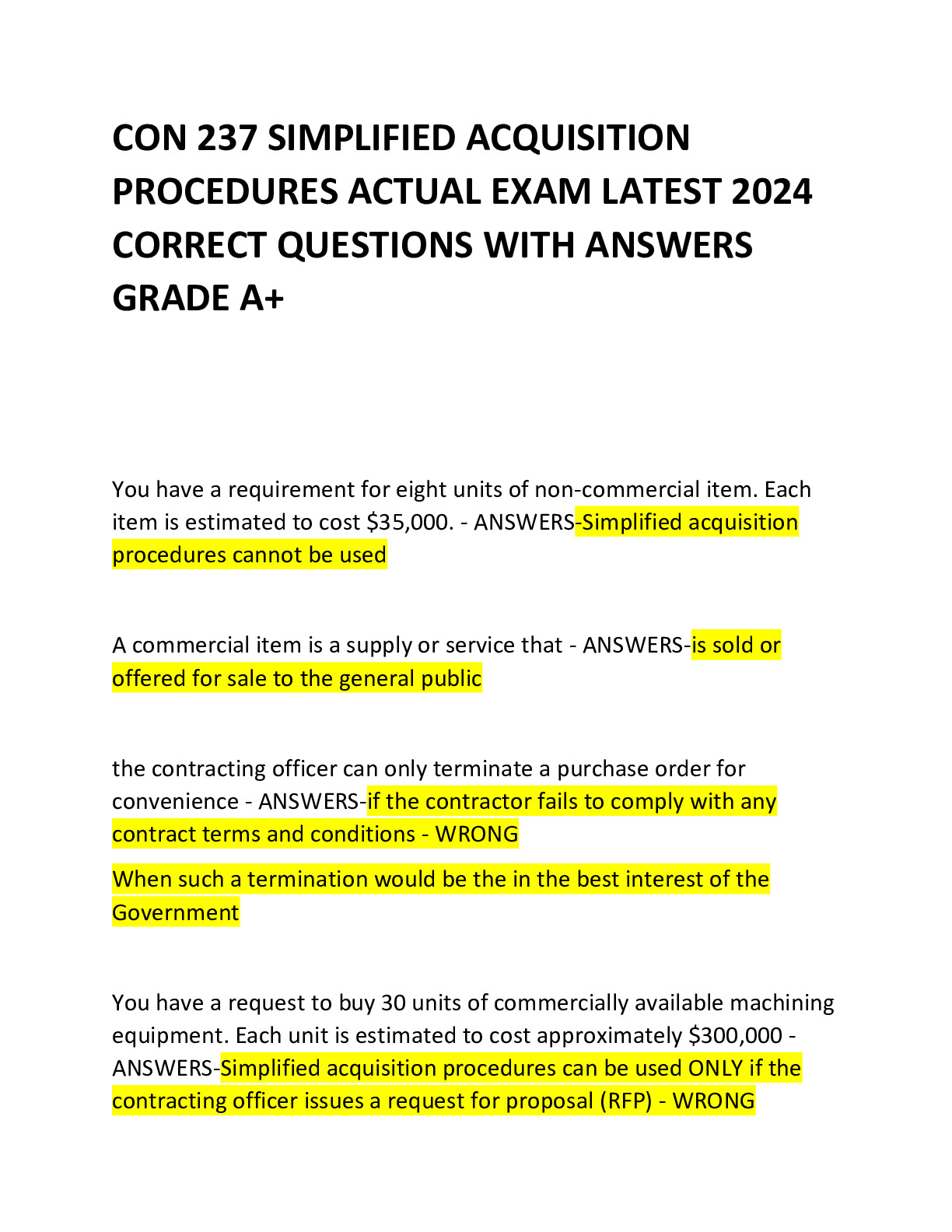 CON 237 SIMPLIFIED ACQUISITION PROCEDURES ACTUAL EXAM LATEST 2024 ...