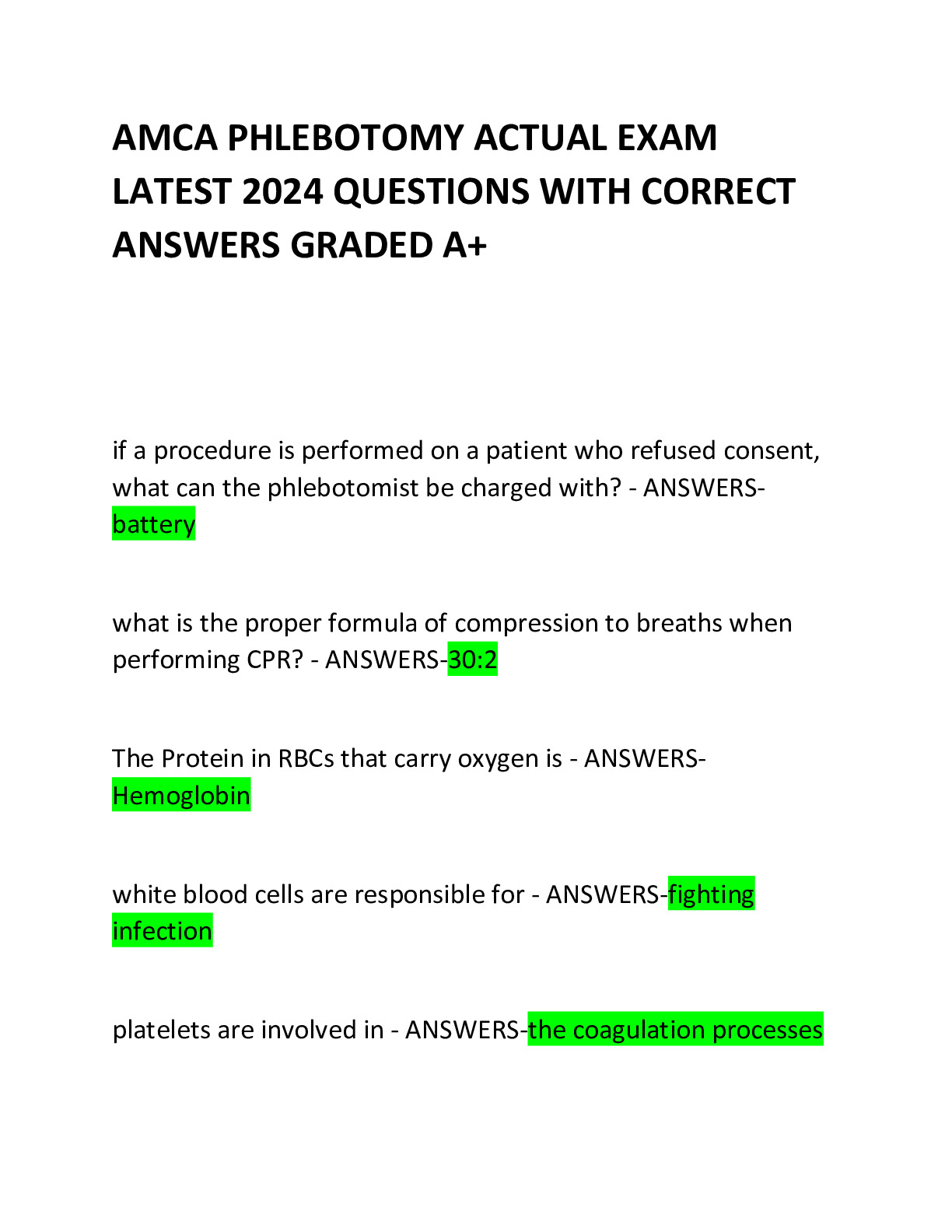 AMCA PHLEBOTOMY ACTUAL EXAM LATEST 2024 QUESTIONS WITH CORRECT ANSWERS ...