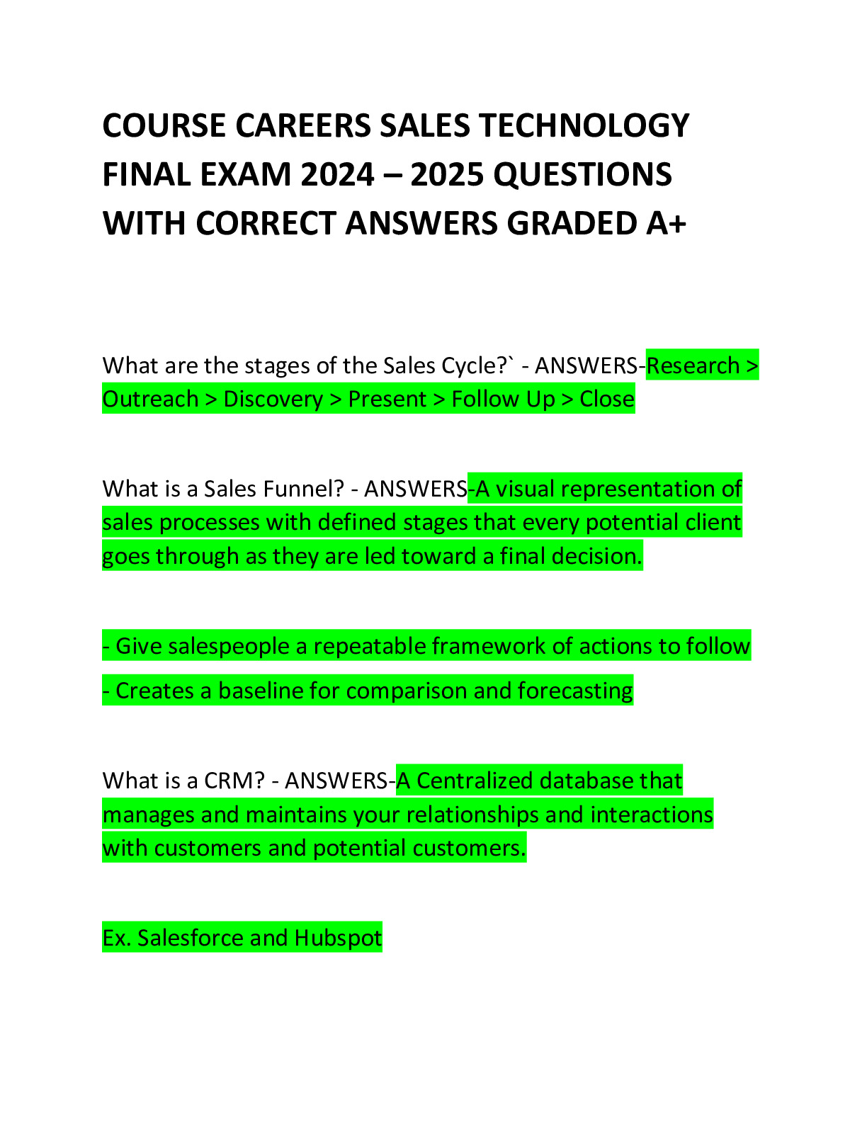 COURSE CAREERS SALES TECHNOLOGY FINAL EXAM 2024 – 2025 QUESTIONS WITH ...