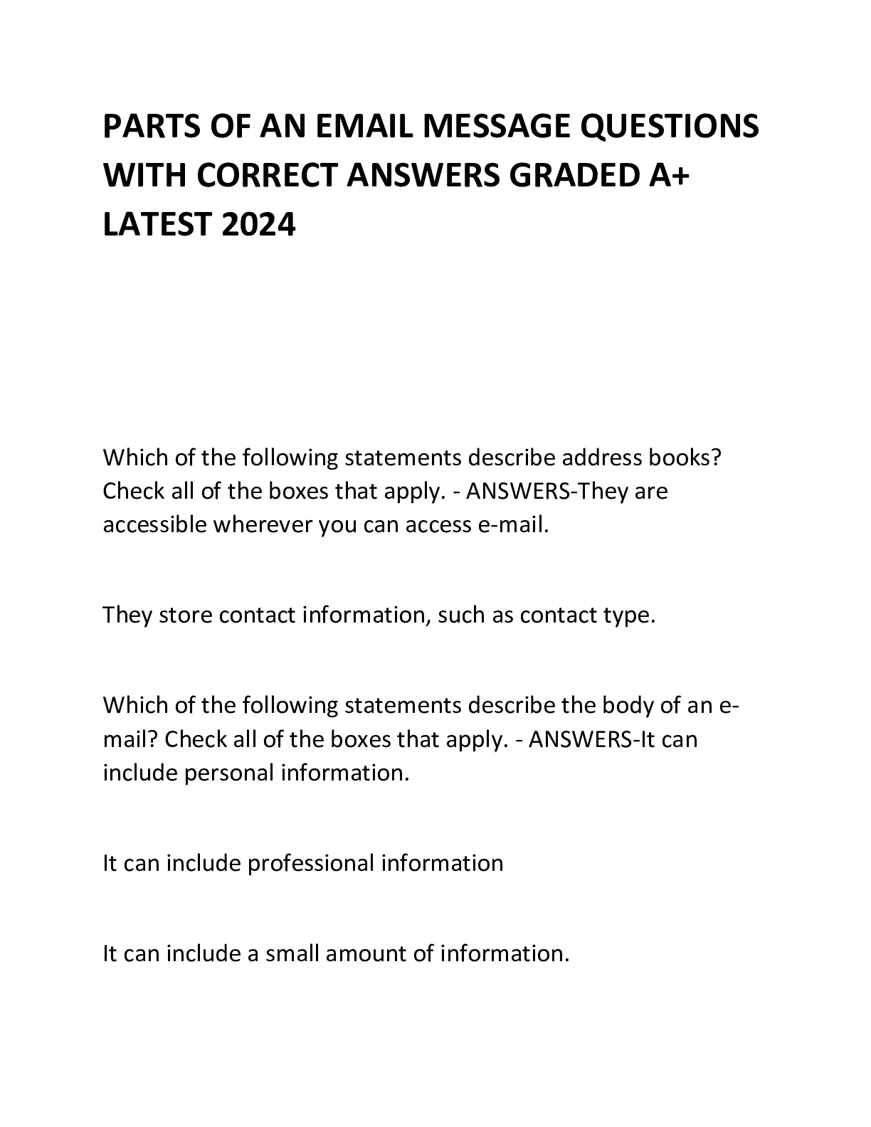 PARTS OF AN EMAIL MESSAGE QUESTIONS WITH CORRECT ANSWERS GRADED A+ ...