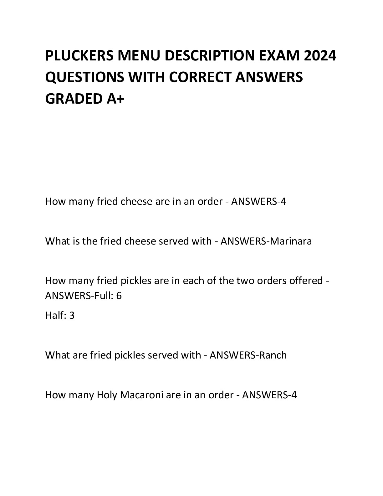 PLUCKERS MENU DESCRIPTION EXAM 2024 QUESTIONS WITH CORRECT ANSWERS ...