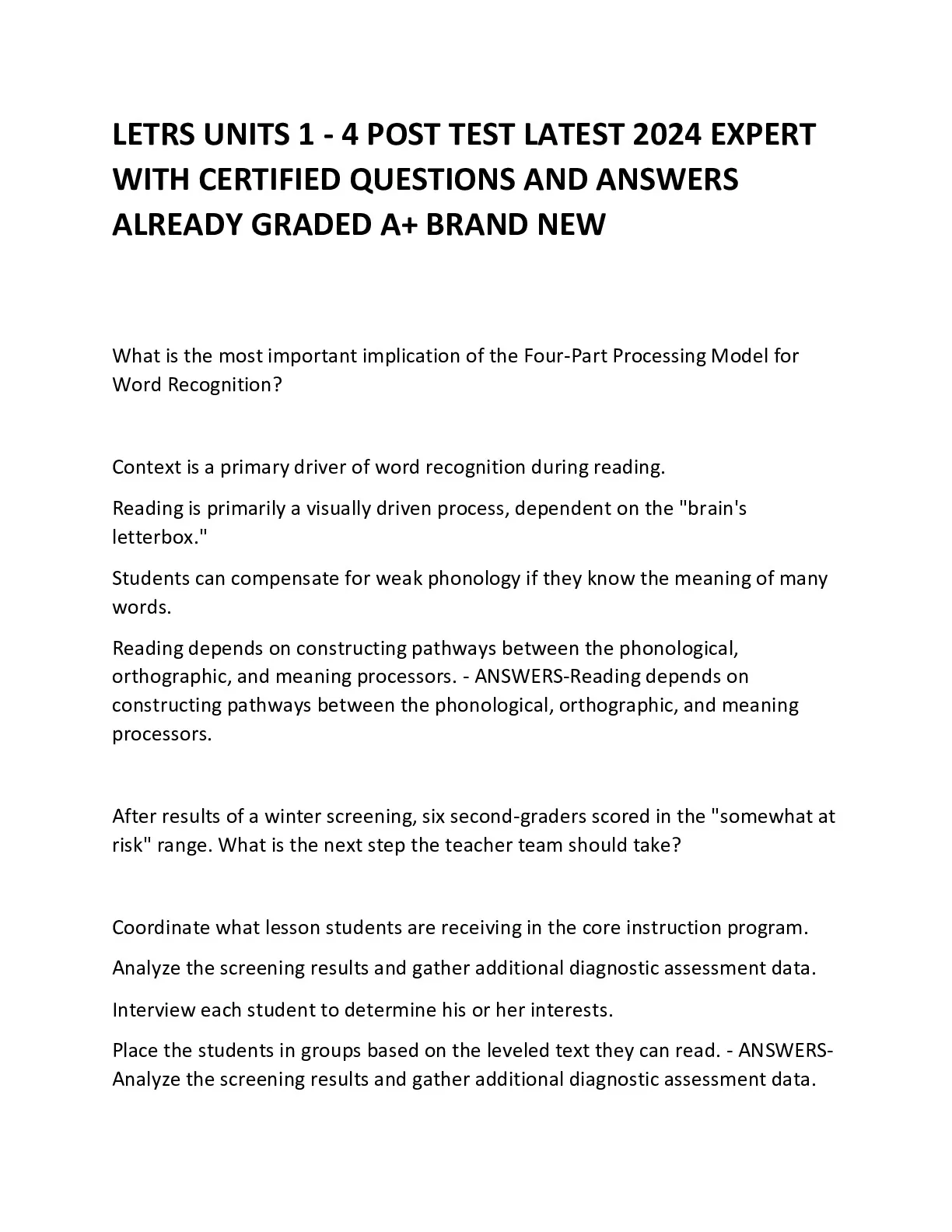 LETRS UNITS 1 - 4 POST TEST LATEST 2024 EXPERT WITH CERTIFIED QUESTIONS ...