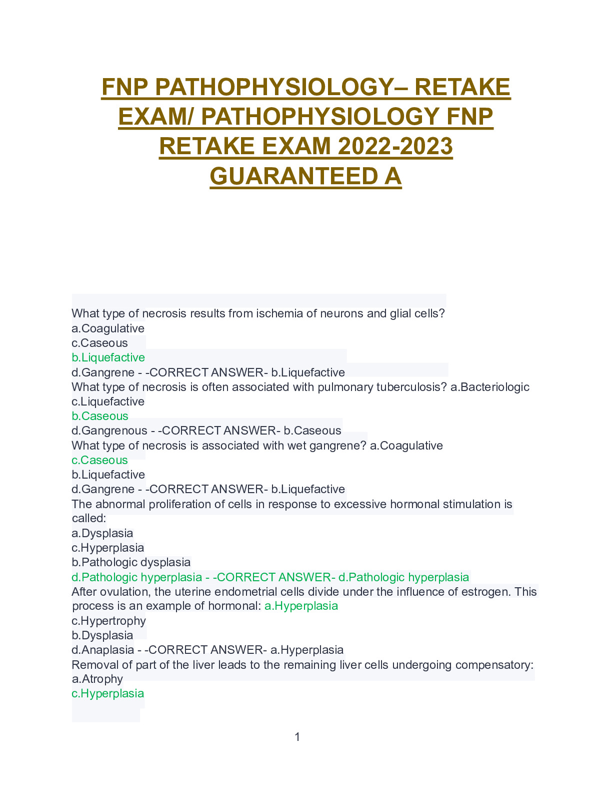 FNP PATHOPHYSIOLOGY– RETAKE EXAM/ PATHOPHYSIOLOGY FNP RETAKE EXAM 2022 ...