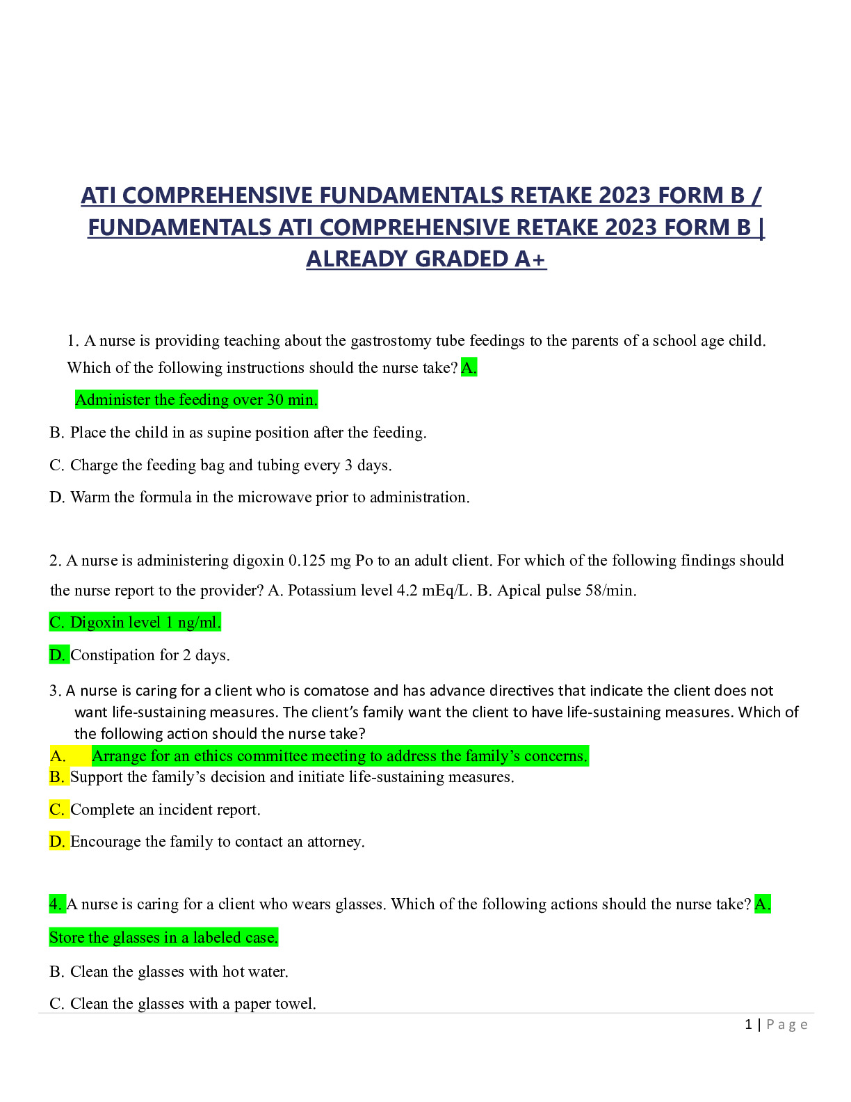 ATI COMPREHENSIVE FUNDAMENTALS RETAKE 2023 FORM B / FUNDAMENTALS ATI ...