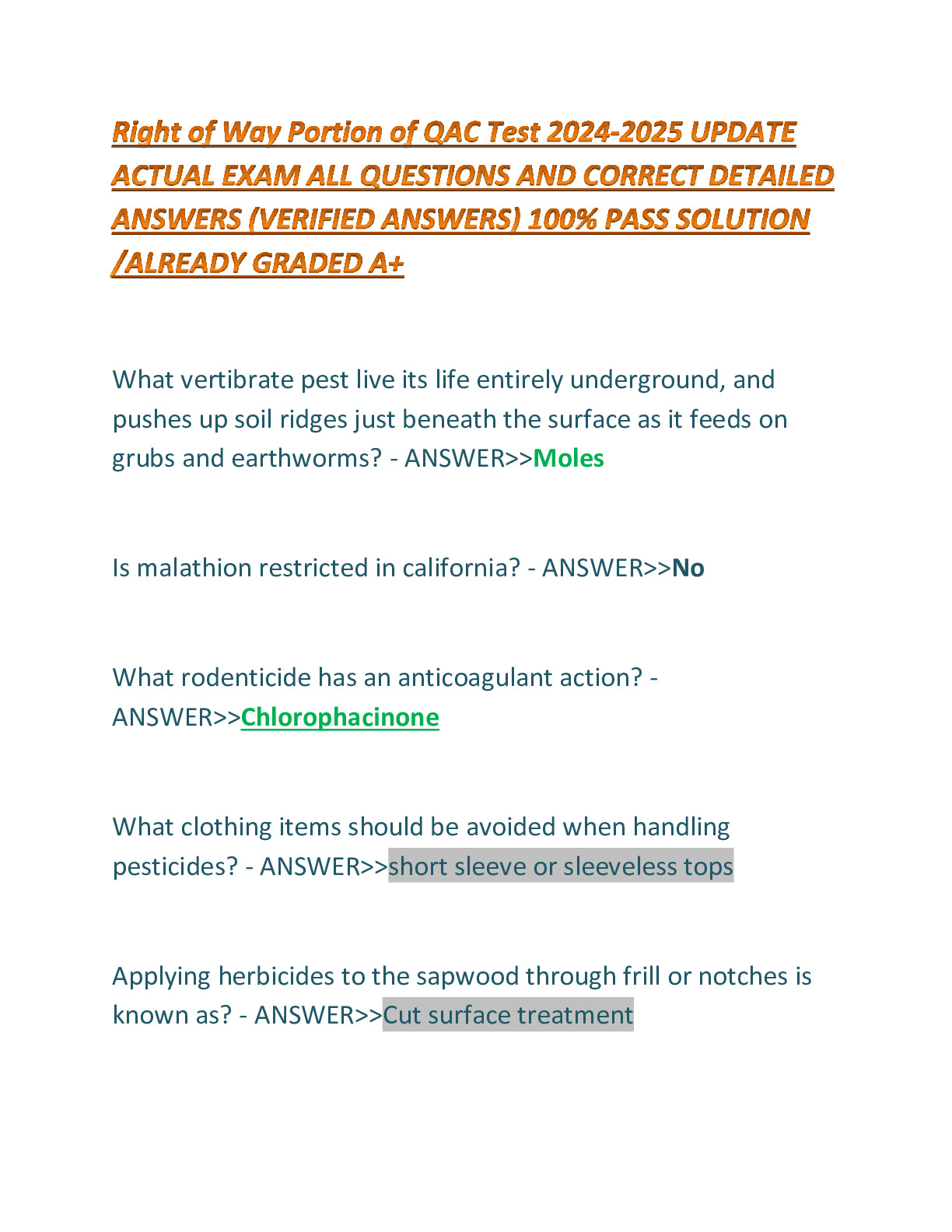 Right of Way Portion of QAC Test 2024-2025 UPDATE ACTUAL EXAM QUESTIONS ...