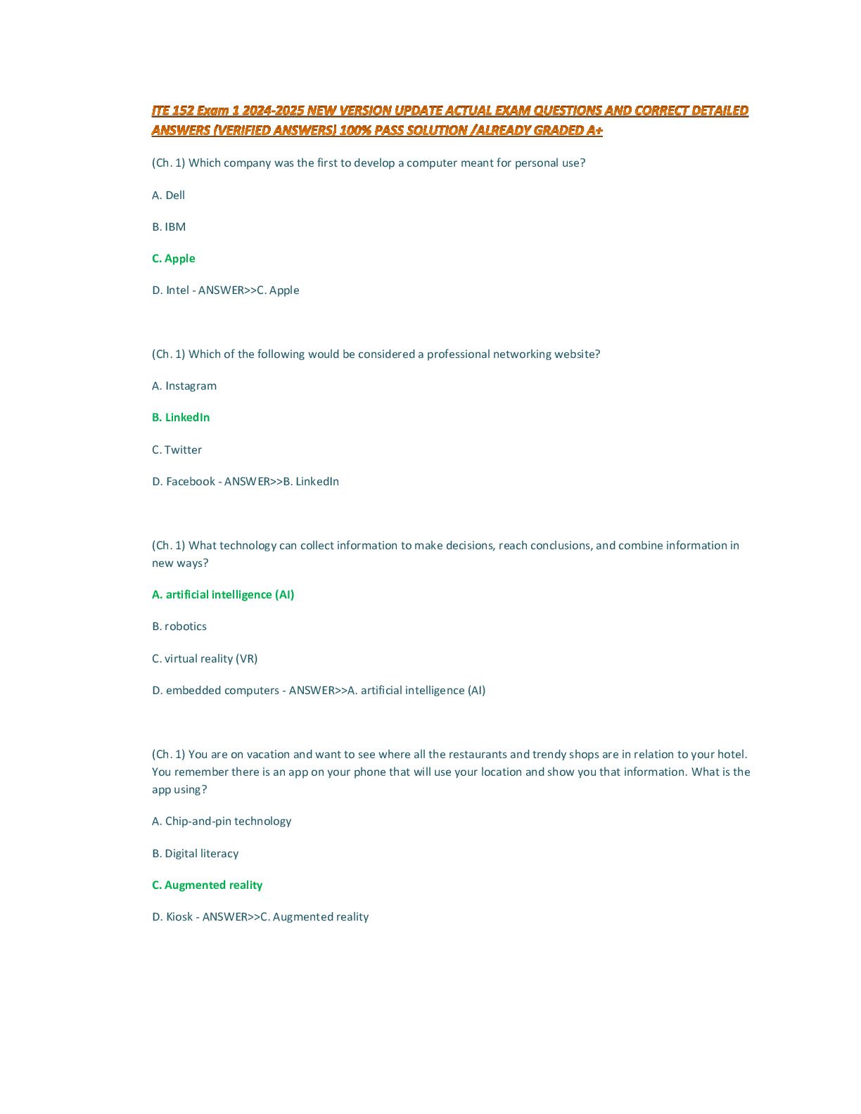 ITE 152 EXAM 2, PRACTICE EXAM AND STUDY GUIDE NEWEST ACTUAL EXAM 2024 ... ITE 152 EXAM 2, PRACTICE EXAM AND STUDY GUIDE NEWEST ACTUAL EXAM 2024 ...